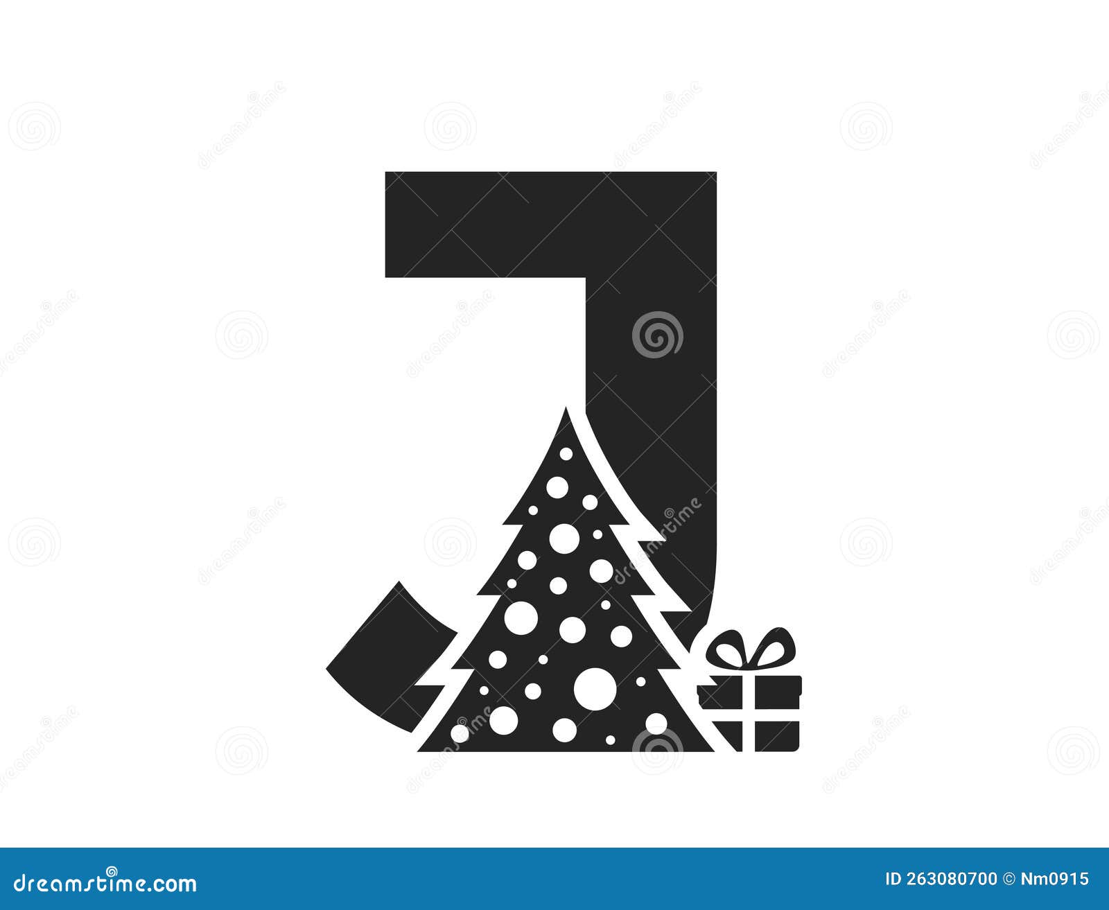 Letter J with Christmas Tree and Gift. Typography Element for Christmas ...