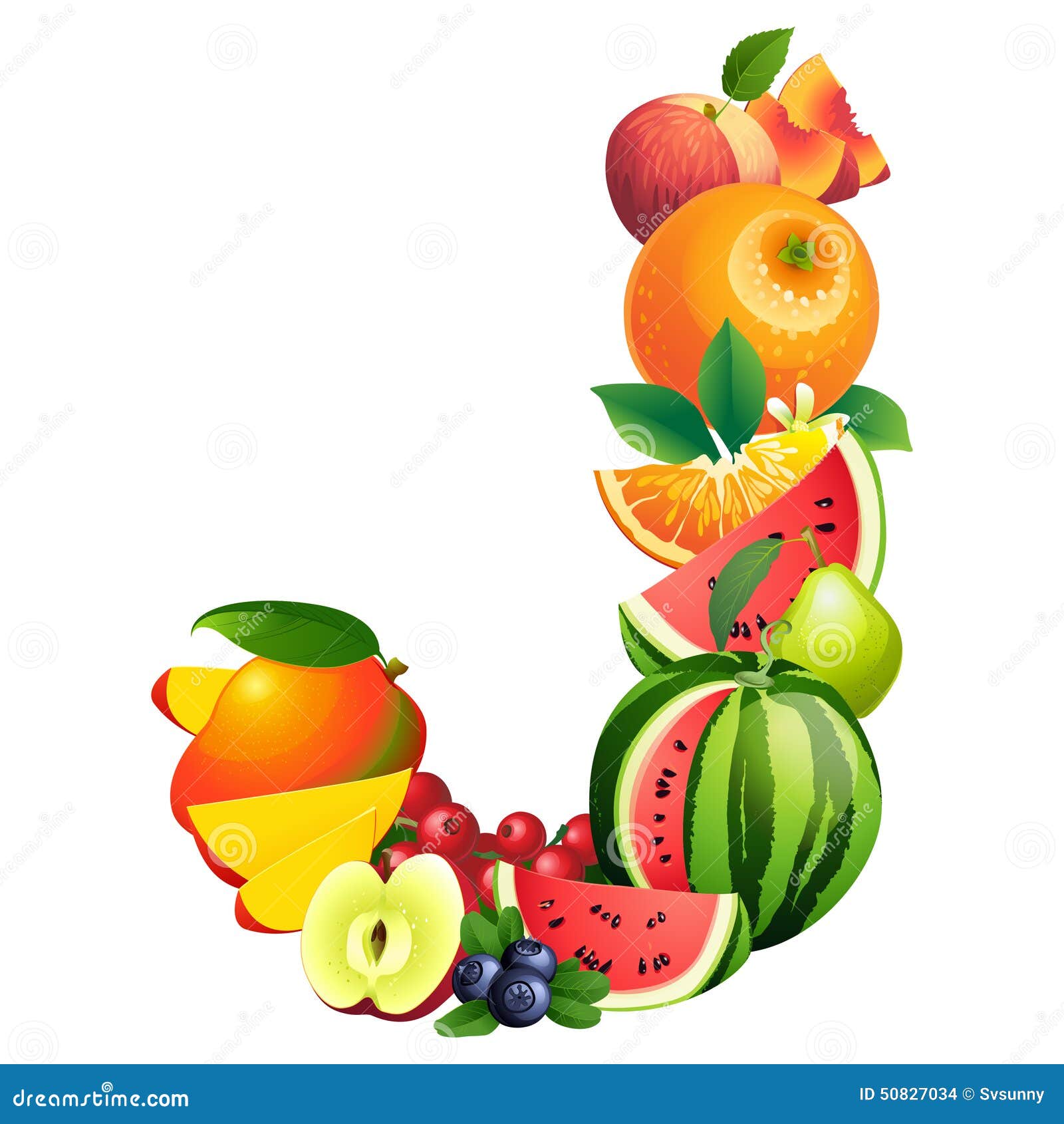 Letter J Composed of Different Fruits with Leaves Stock Vector ...