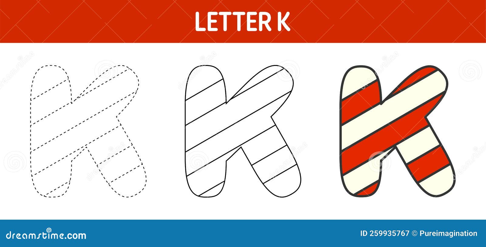 Letter K Candy Cane, Tracing and Coloring Worksheet for Kids Stock ...