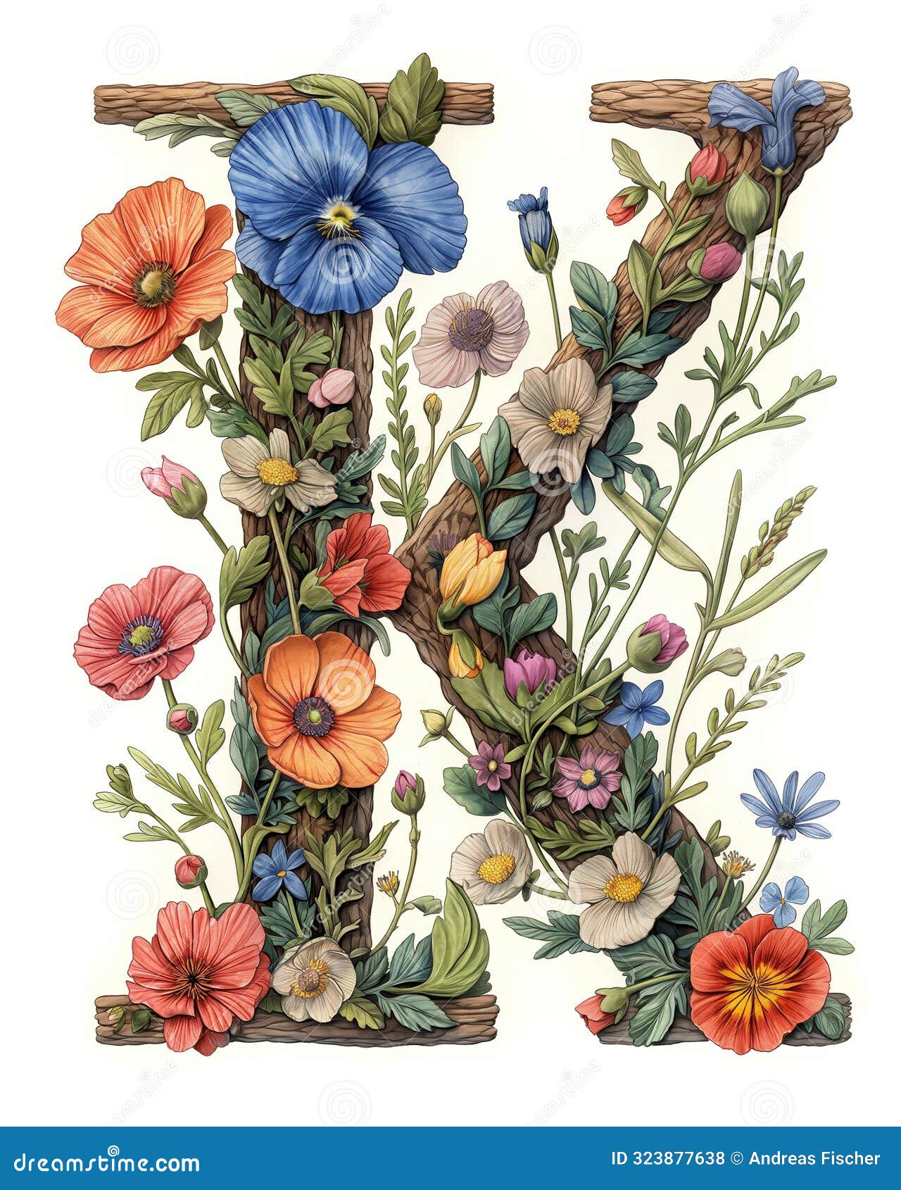 The Letter K of Colorful Flowers on a White Background. Stock Photo ...