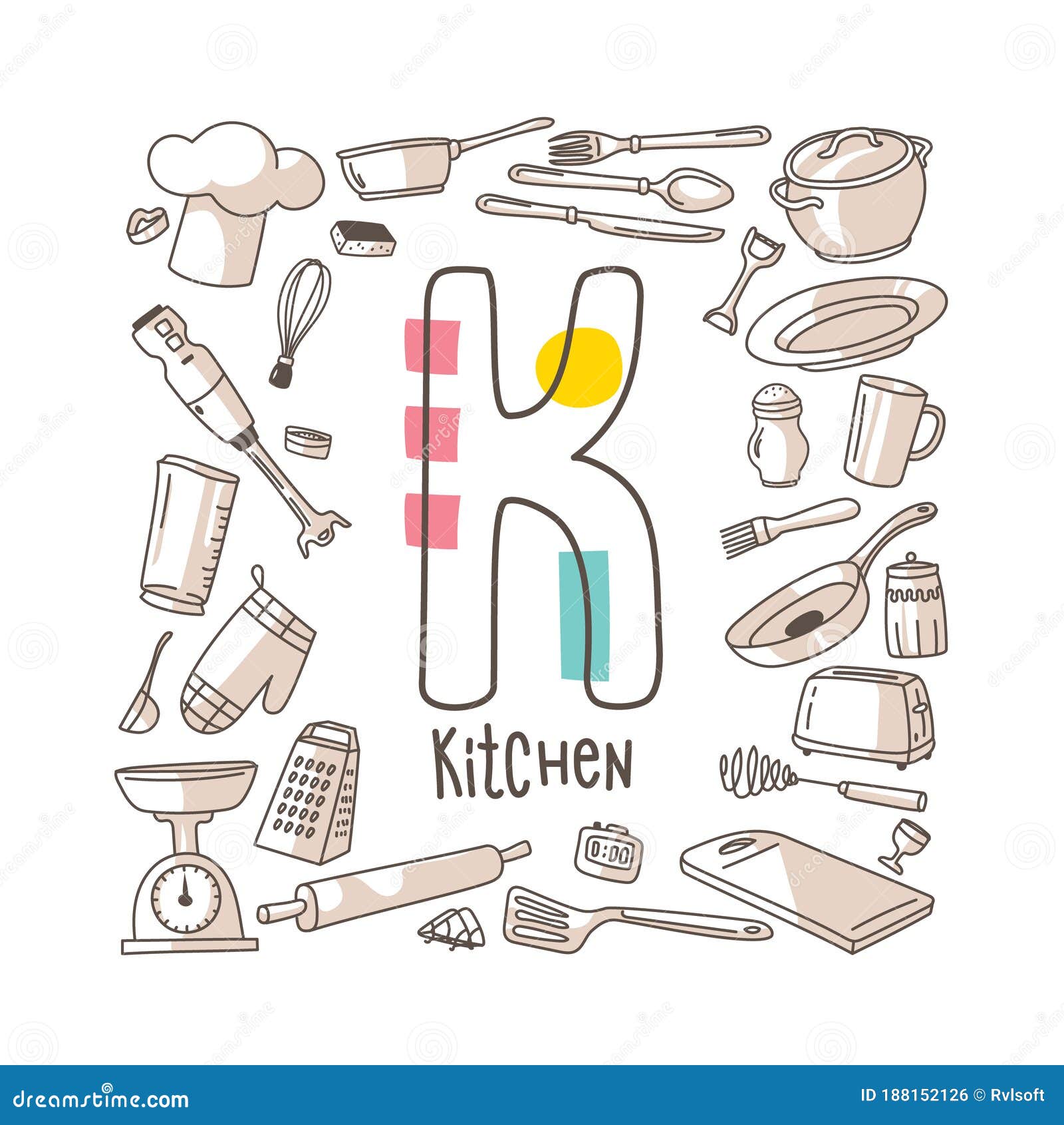Letter K - Kitchen, Cute Alphabet Series in Doodle Style Stock Vector ...