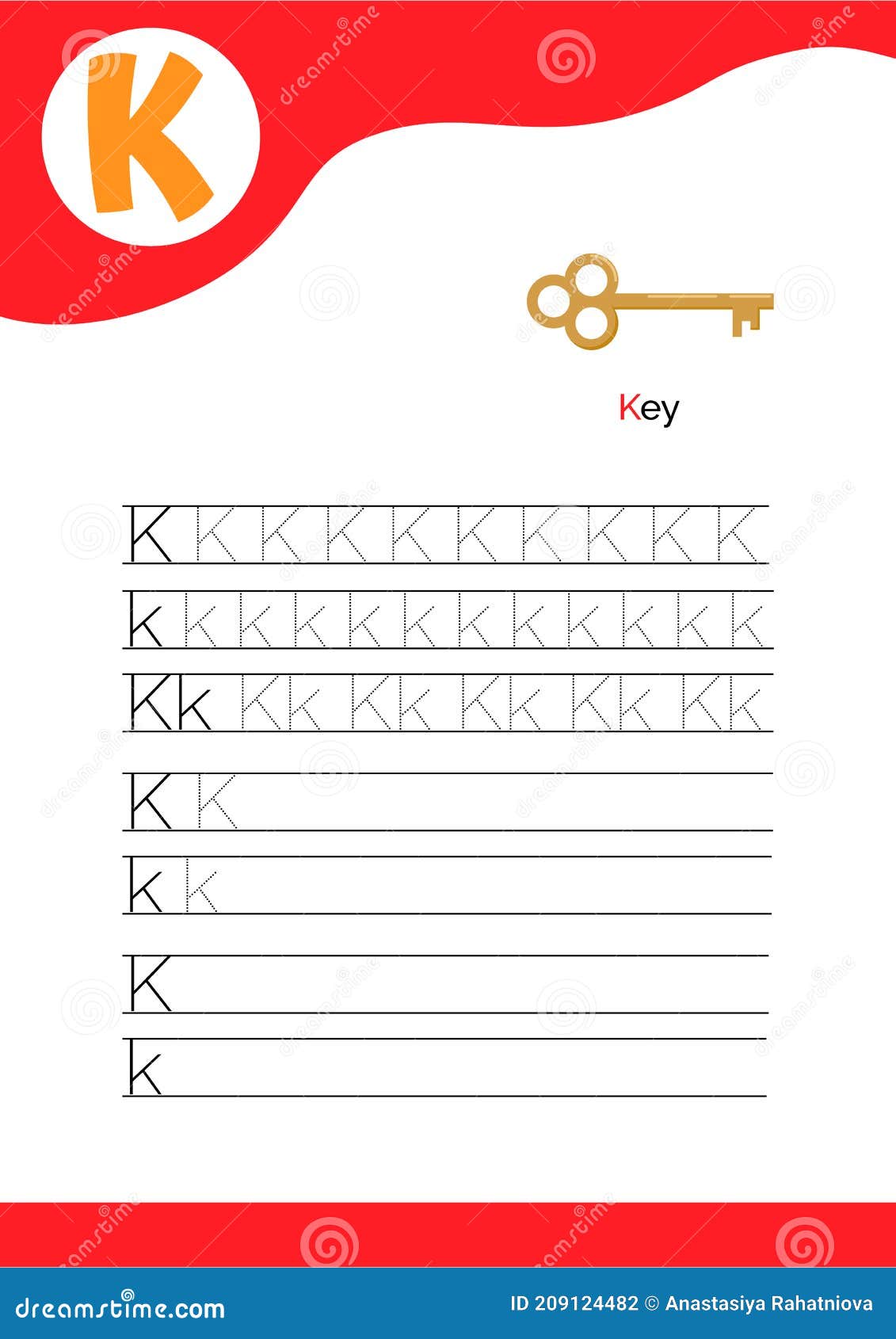 Letter K With A Picture Of Key And Seven Lines Of Letter K Writing ...