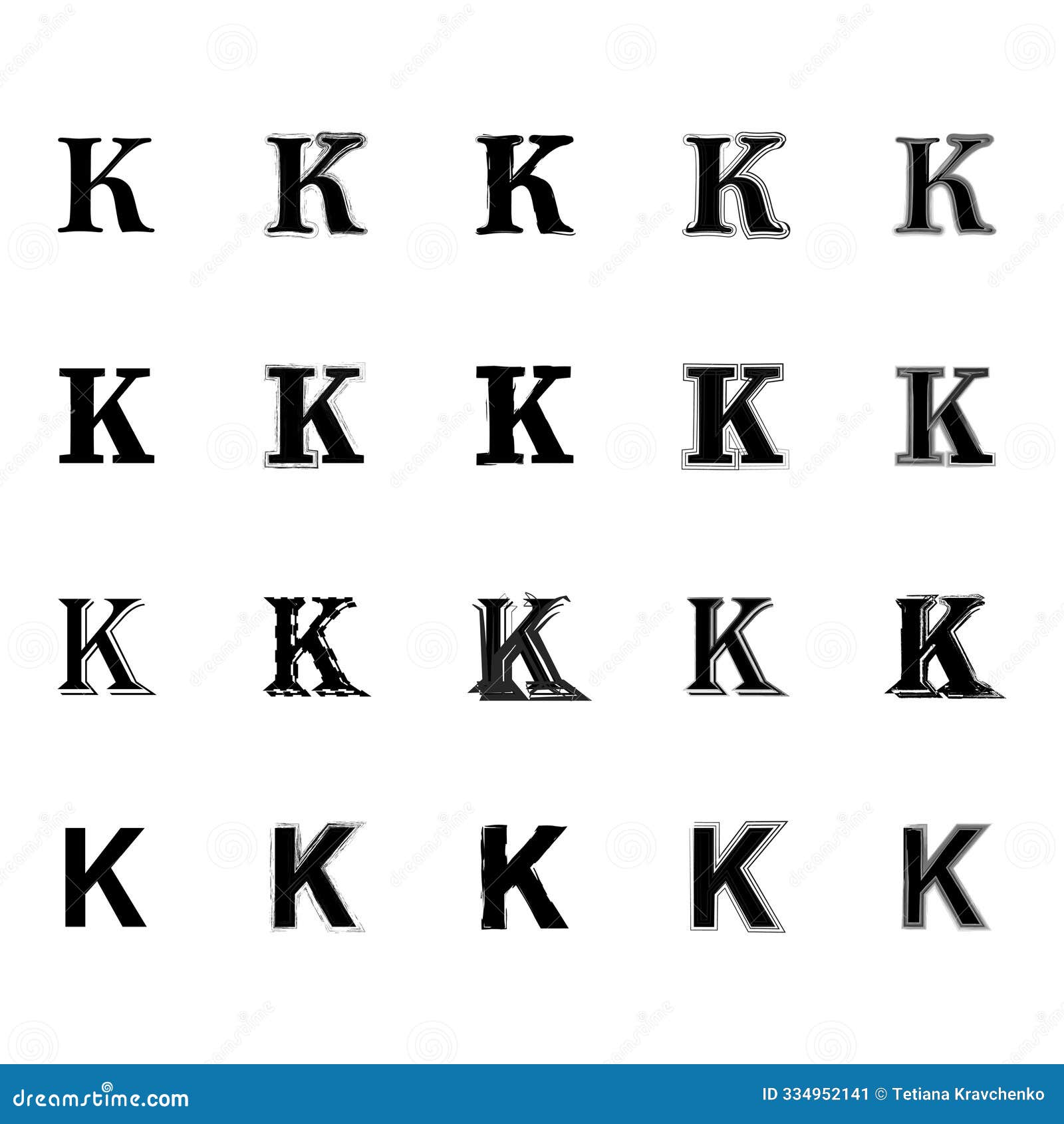 Letter K Variations. Distorted Letterforms Set. Black and White ...