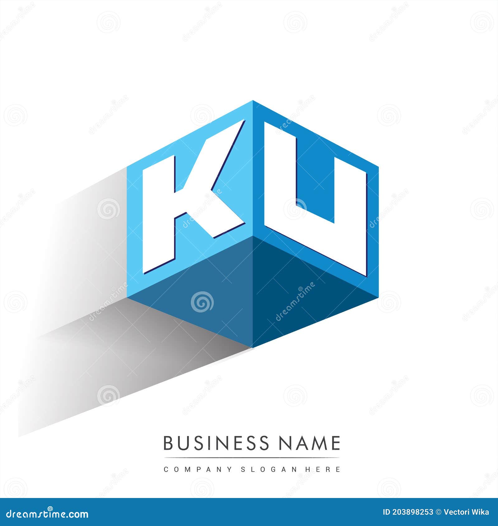 Letter KU Logo in Hexagon Shape and Blue Background, Cube Logo with ...