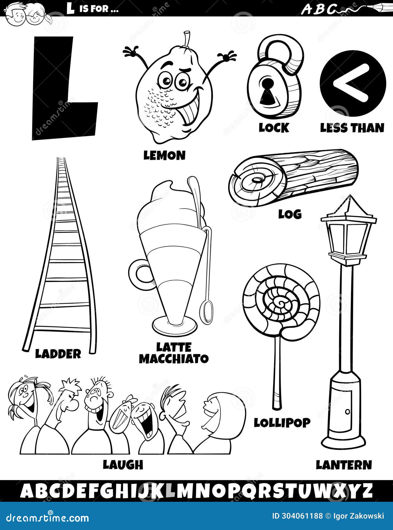 Letter L Set with Cartoon Objects and Characters Coloring Page Stock ...