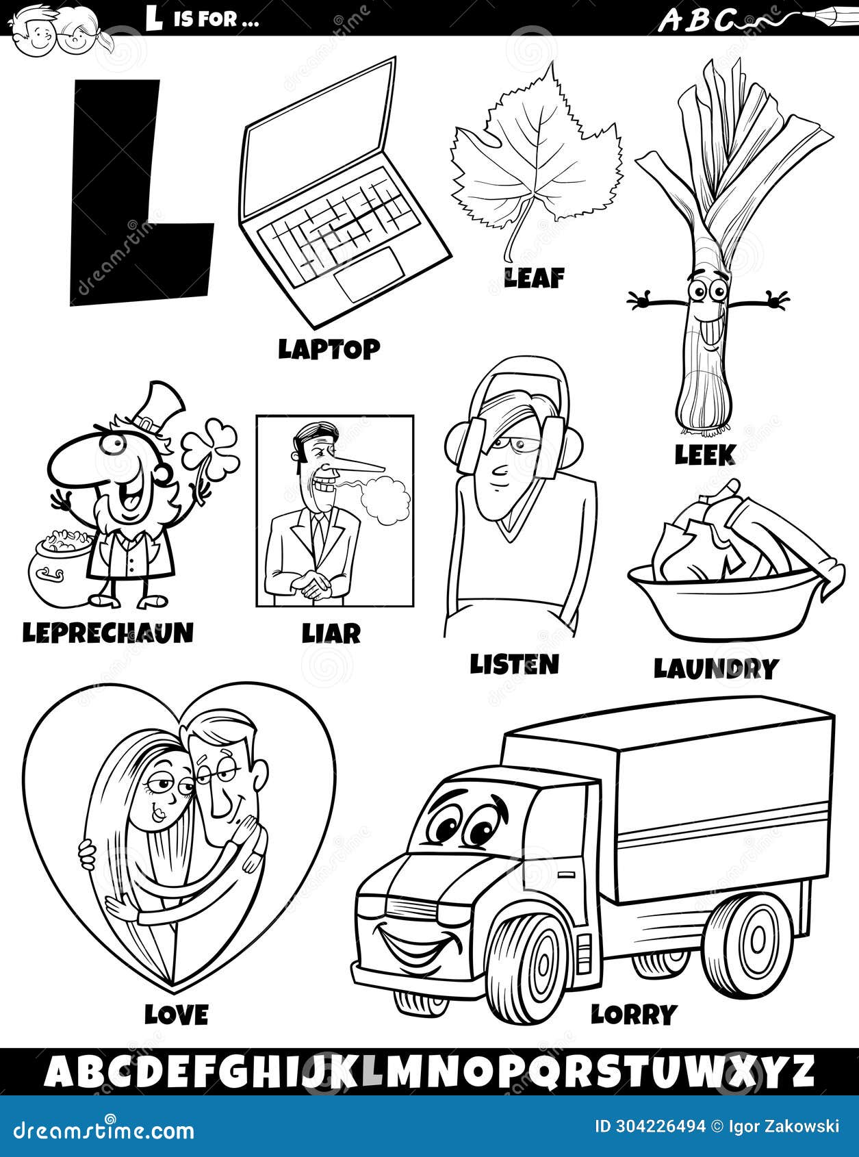 Letter L Set with Cartoon Objects and Characters Coloring Page Stock ...