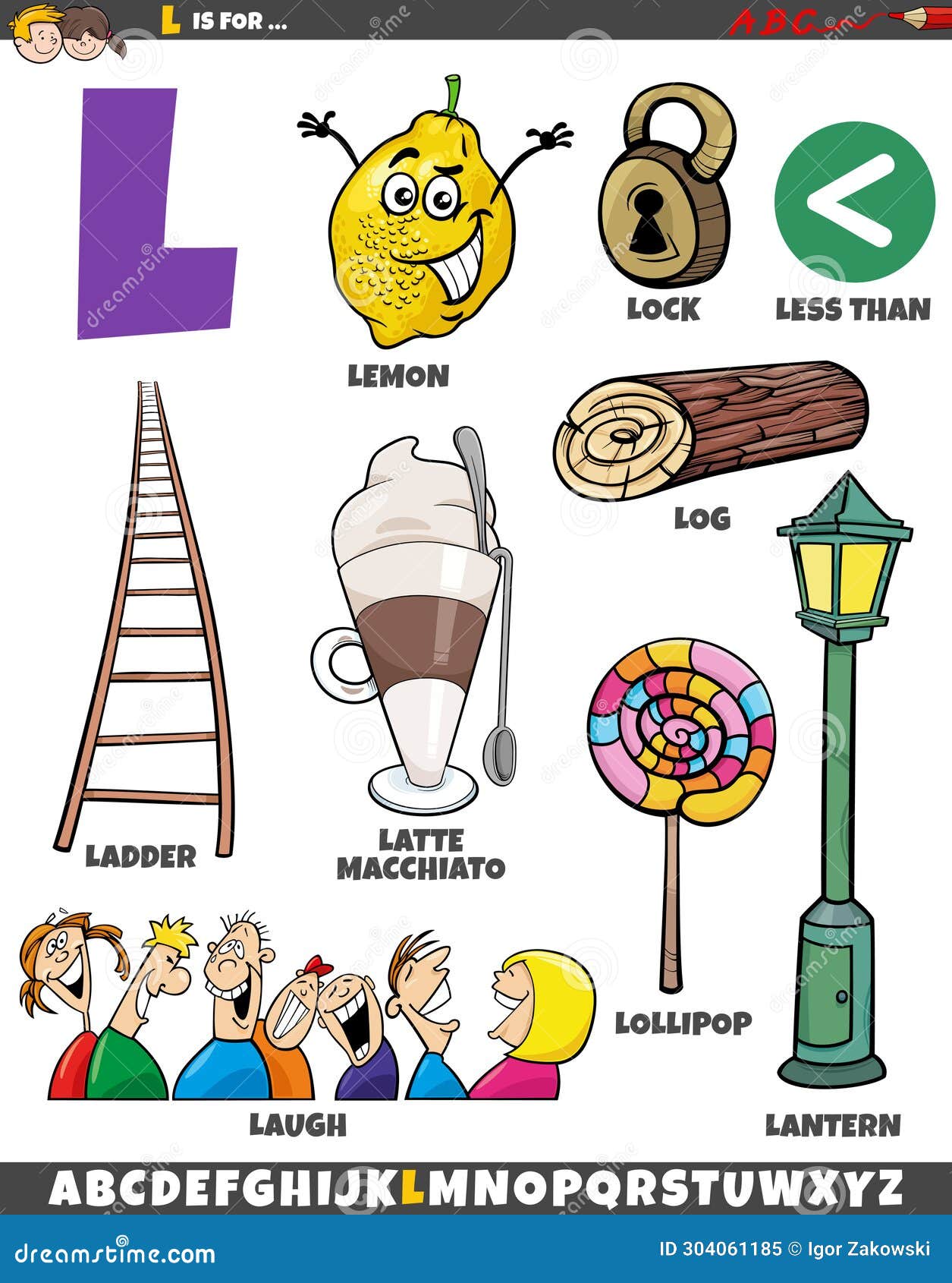 Letter L Set with Cartoon Objects and Characters Stock Vector ...