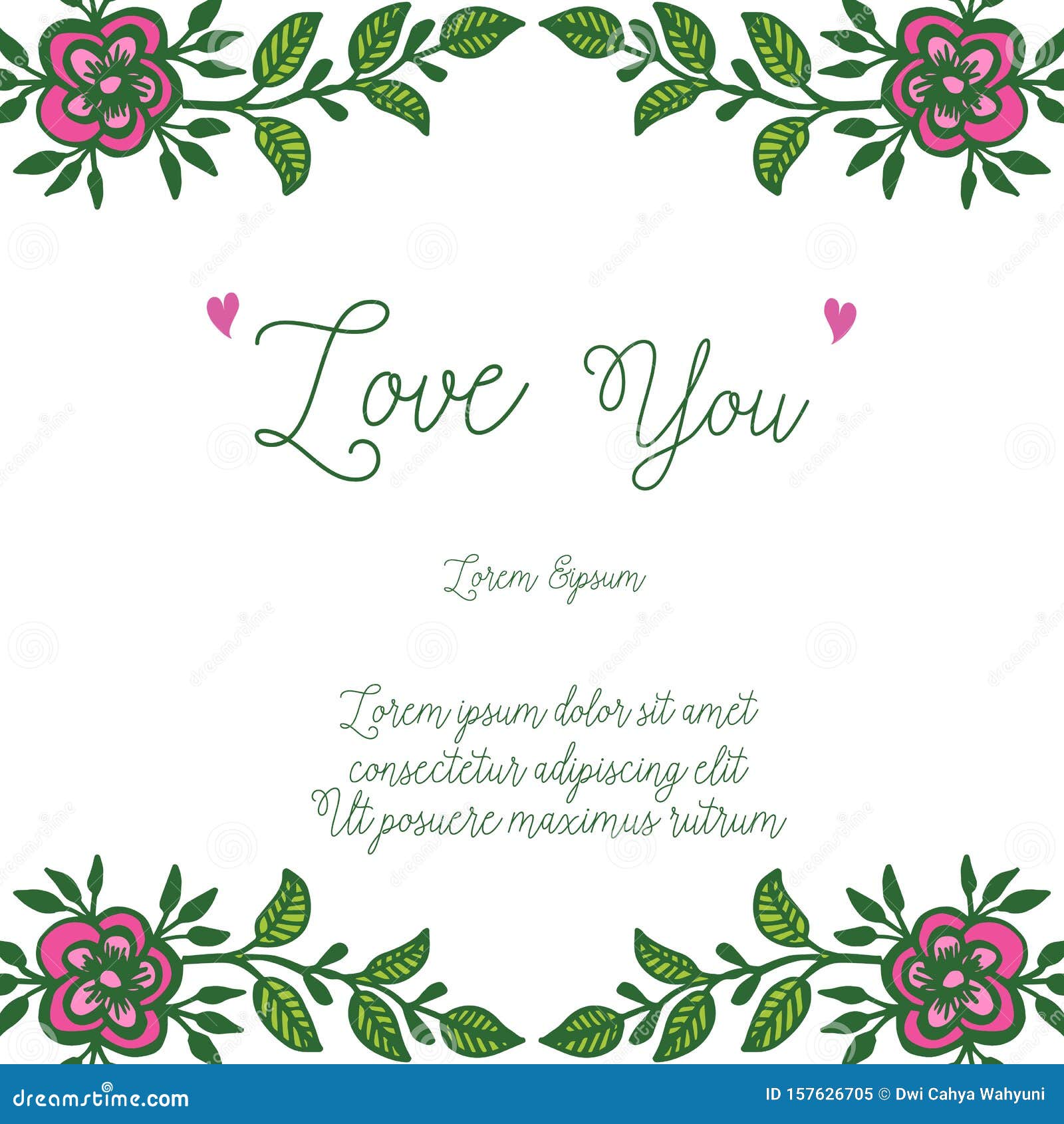 Letter Love You With Green Leaves And Flower Frame Background Vector