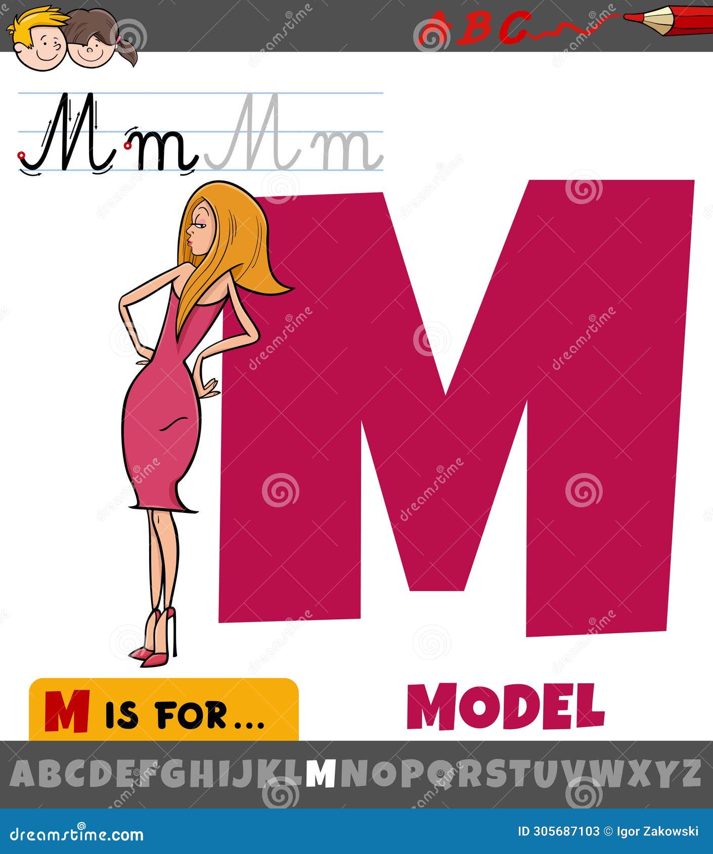 Letter M from Alphabet with Cartoon Model Character Stock Illustration ...