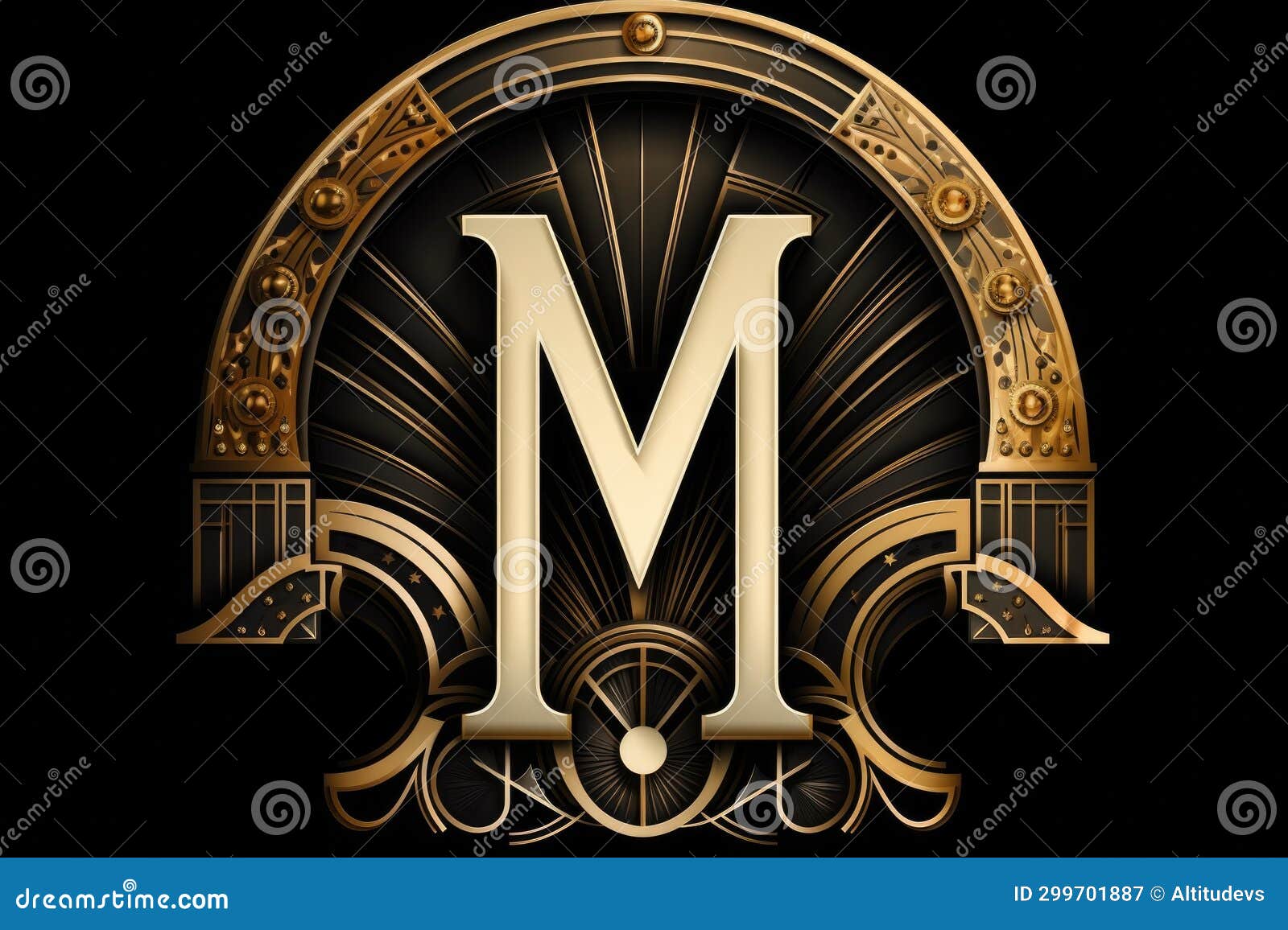 Letter M, Art Deco Style, on Black Background Stock Illustration ...