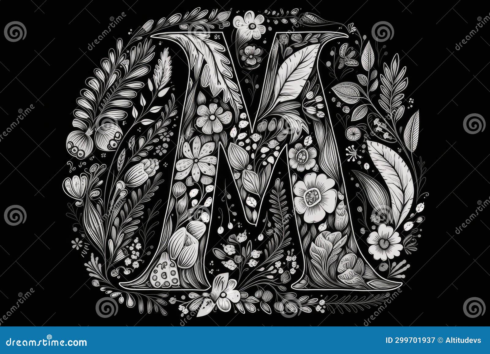 Letter M, Hand-drawn Doodle Style, on Black Background Stock ...