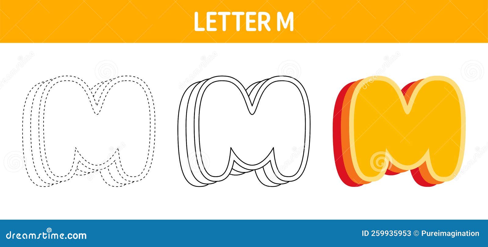 Letter M Orange, Tracing and Coloring Worksheet for Kids Stock Vector ...
