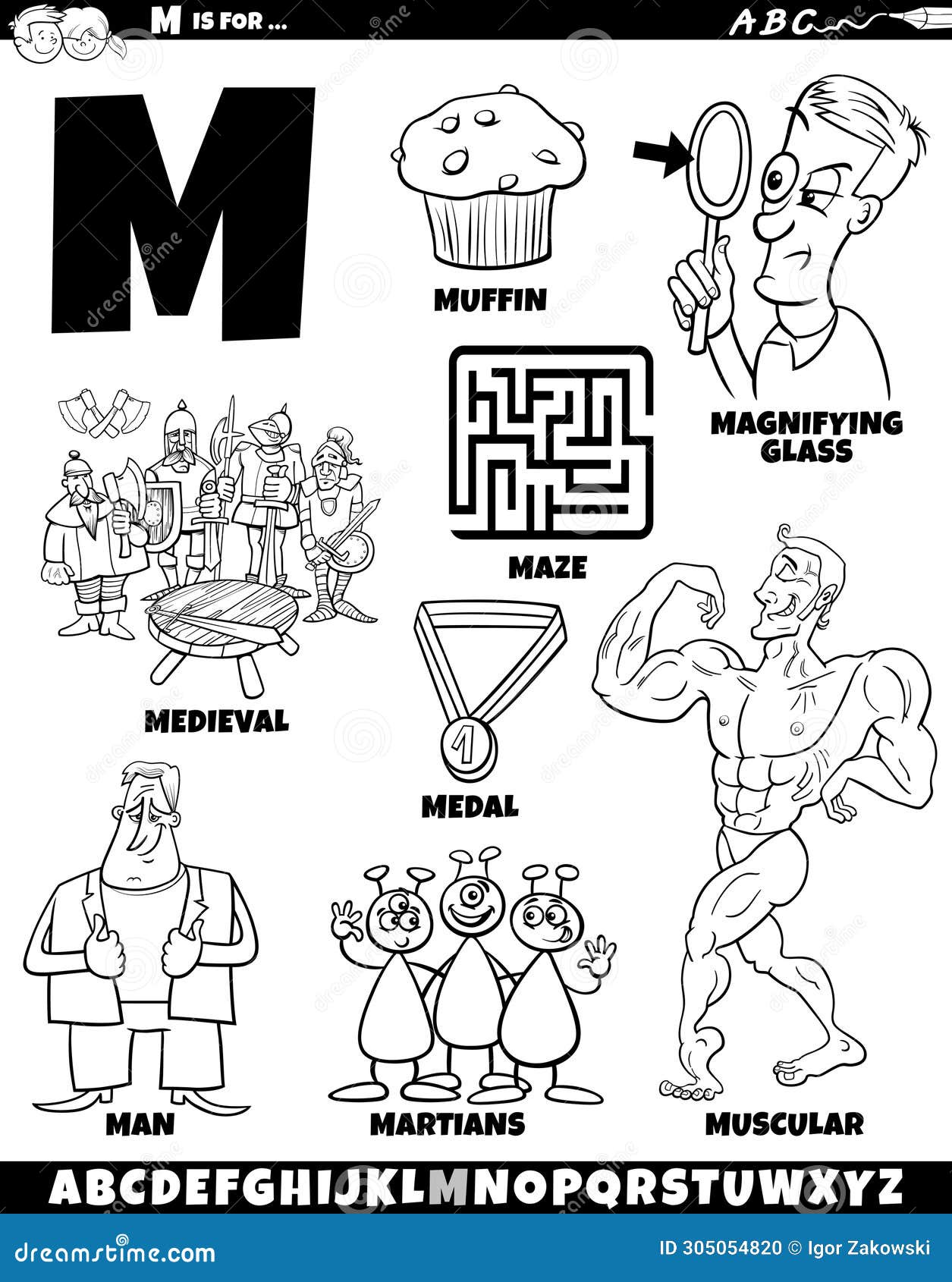 Letter M Set with Cartoon Objects and Characters Coloring Page Stock ...