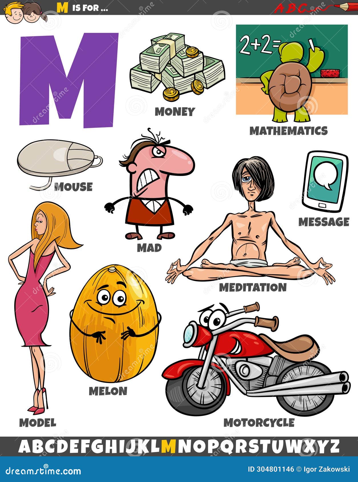 Letter M Set with Cartoon Objects and Characters Stock Vector ...
