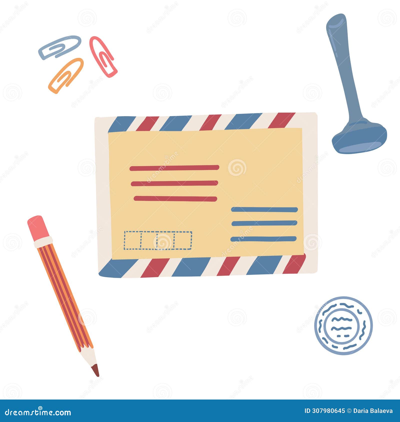 Letter Mail Pencil Stamp Postal Set Flat Design Stock Vector ...