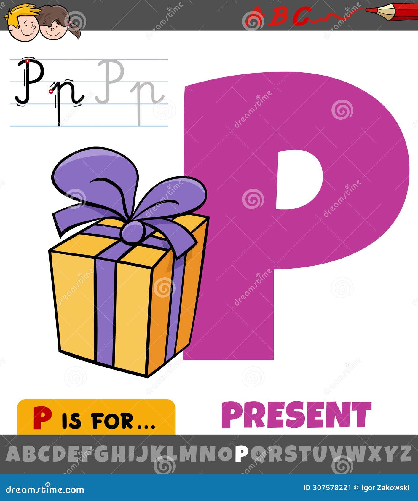 Letter P from Alphabet with Cartoon Present Object Stock Illustration ...