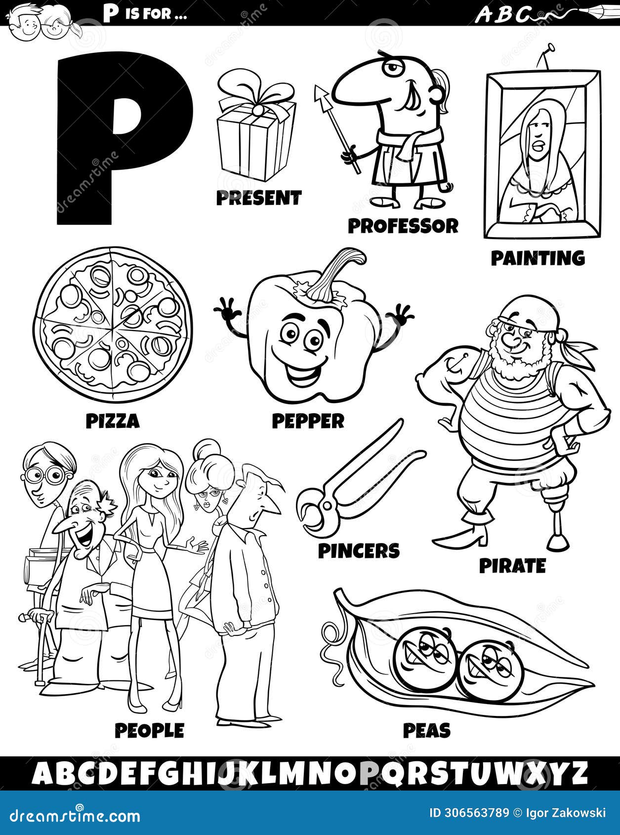 Letter P Set with Cartoon Objects and Characters Coloring Page Stock ...