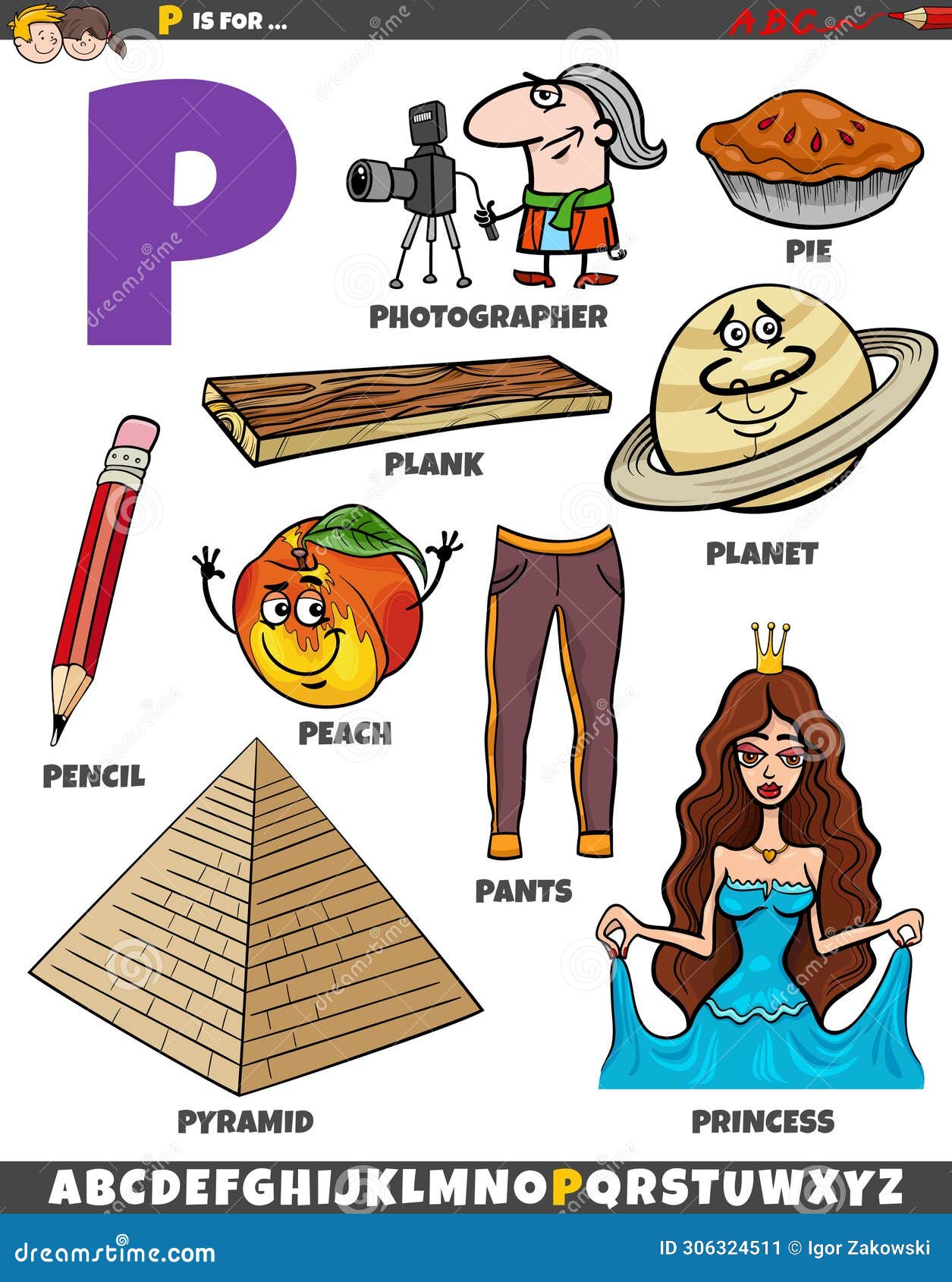 Letter P Set with Cartoon Objects and Characters Stock Vector ...