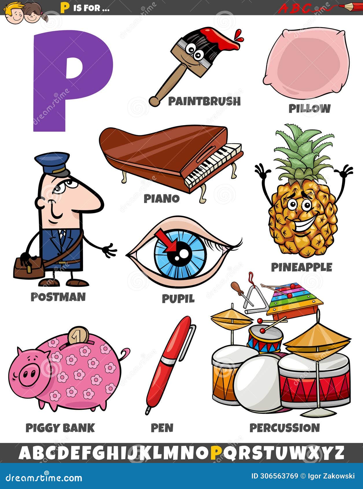 Letter P Set with Cartoon Objects and Characters Stock Vector ...