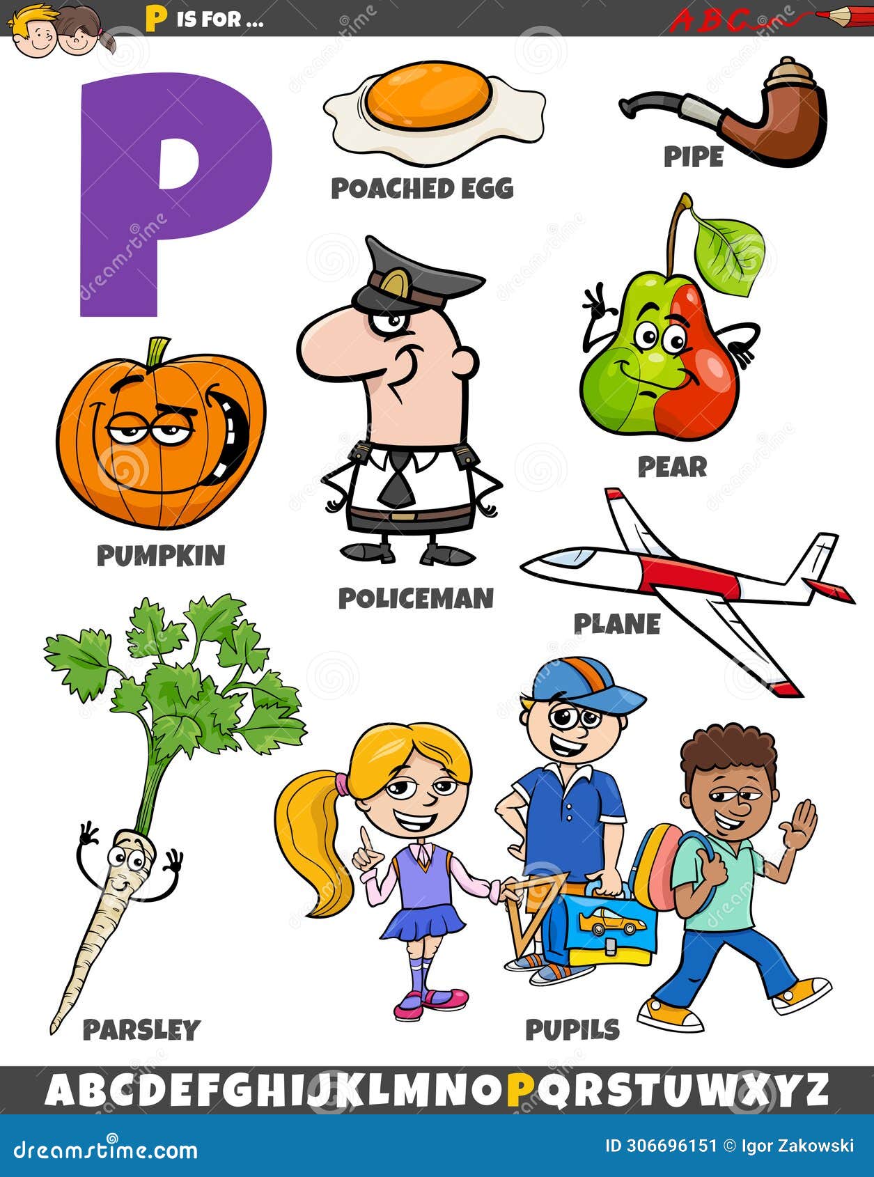 Letter P Set with Cartoon Objects and Characters Stock Vector ...