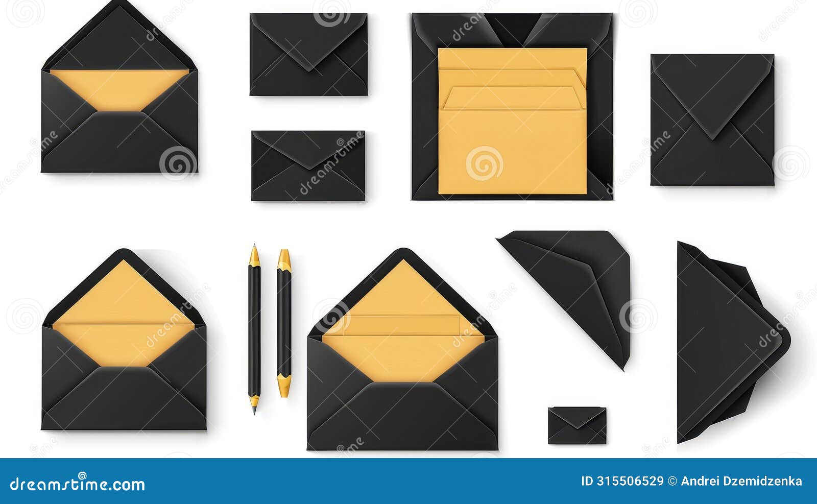 Letter Package with Yellow Interior and Black Envelopes Template Set ...
