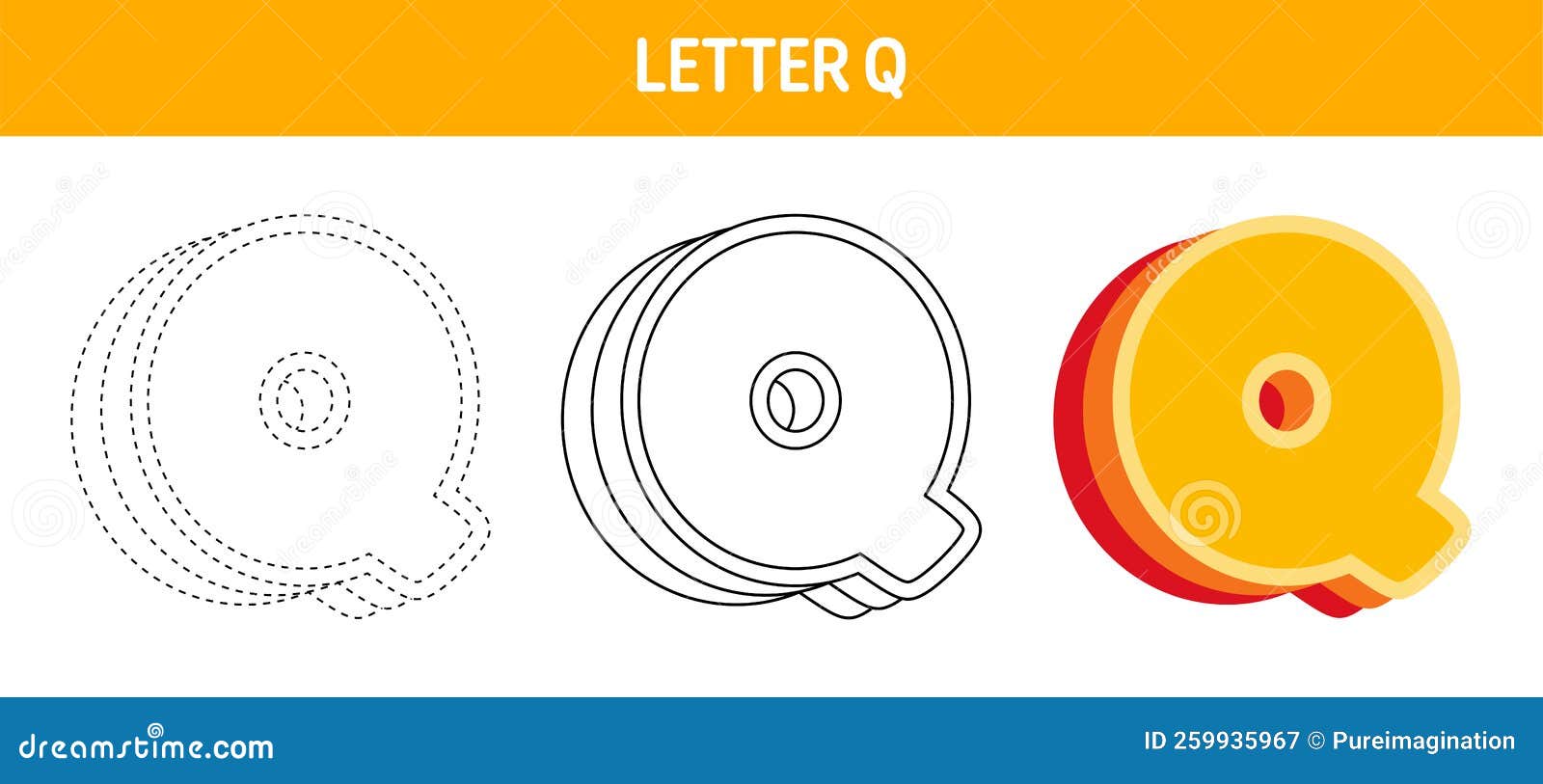 Letter Q Orange, Tracing and Coloring Worksheet for Kids Stock Vector ...