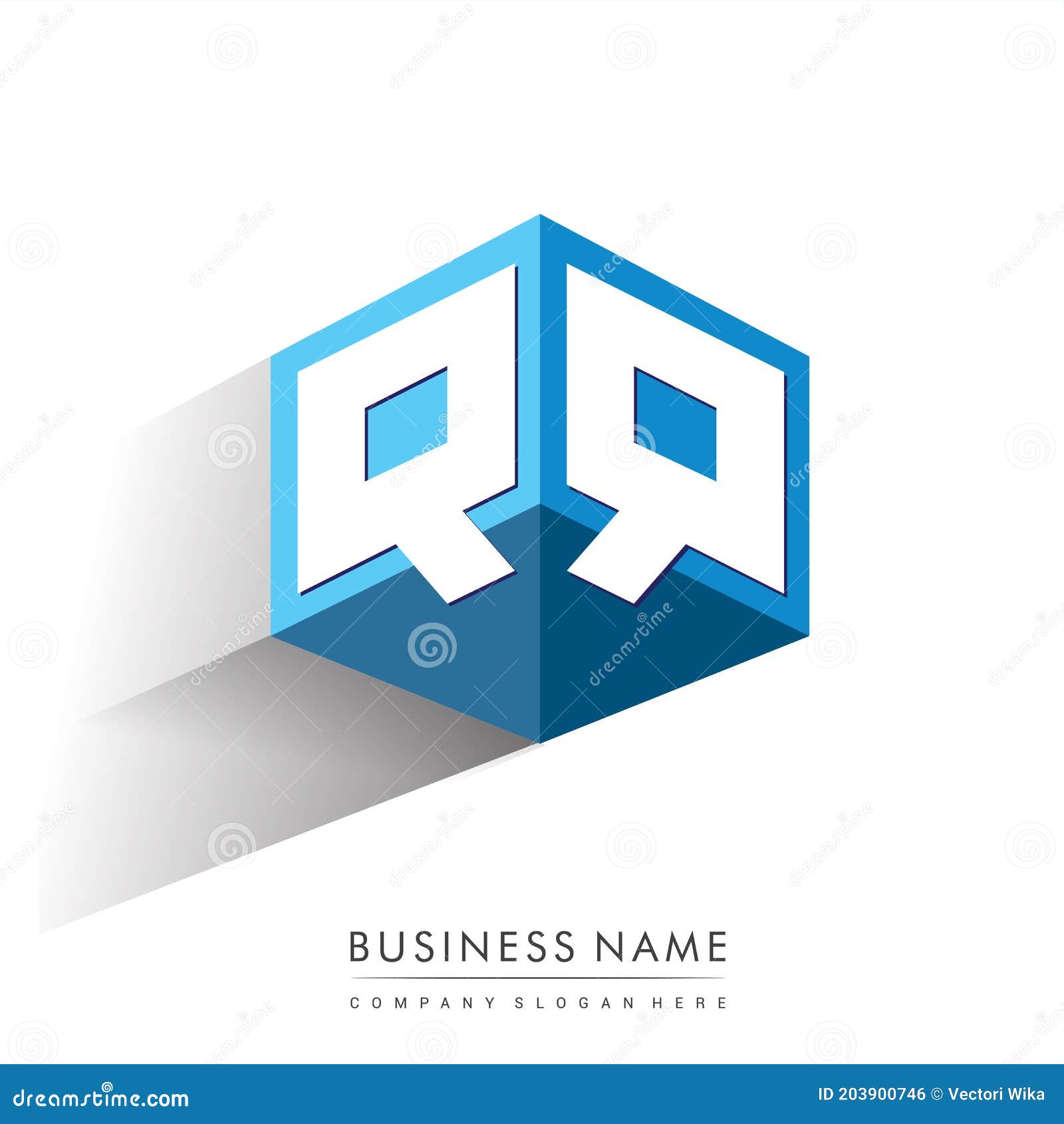 Letter QQ Logo in Hexagon Shape and Blue Background, Cube Logo with ...