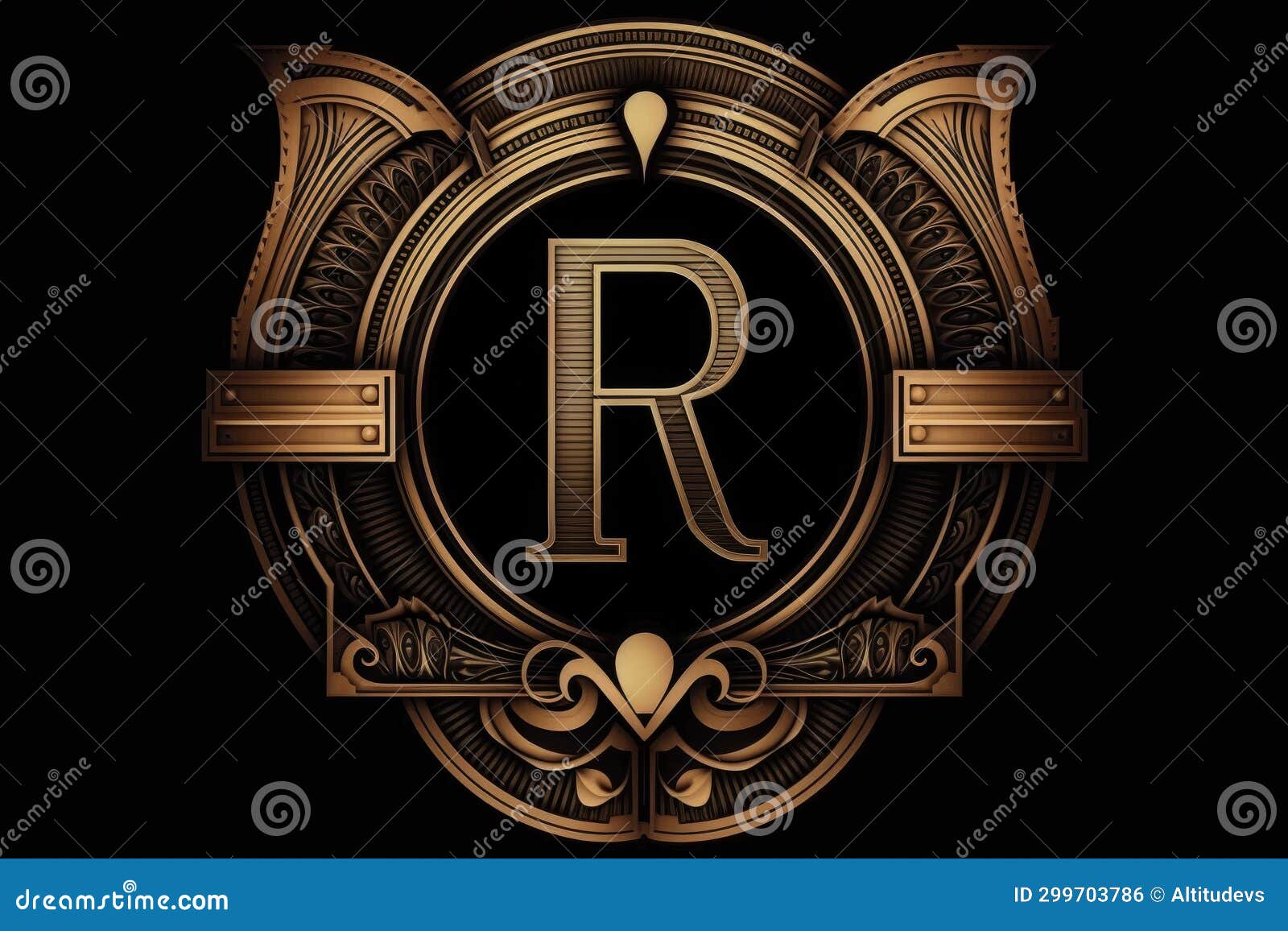 Letter R, Art Deco Style, on Black Background Stock Illustration ...
