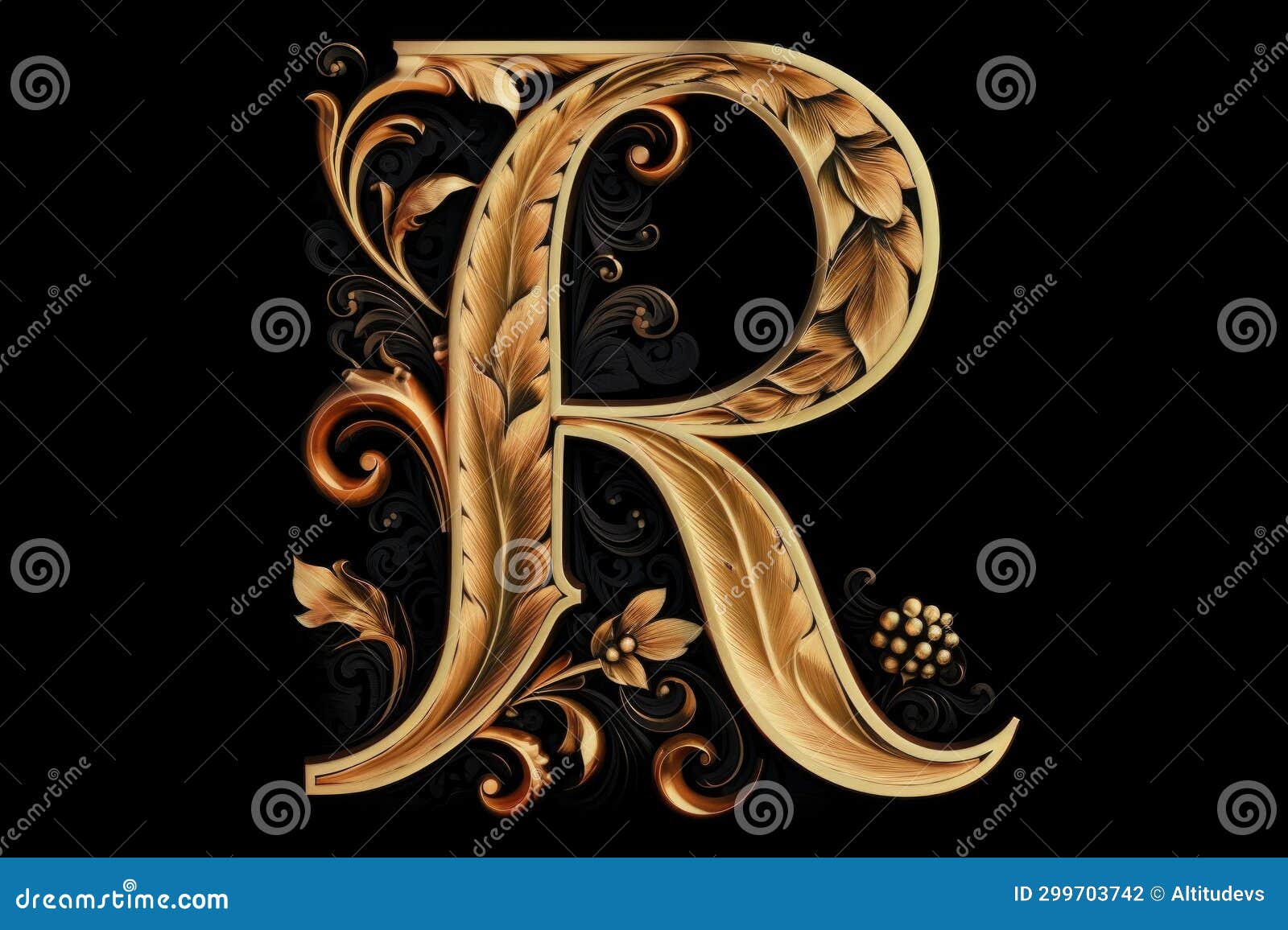 Letter R, Calligraphic Style, on Black Background Stock Illustration ...