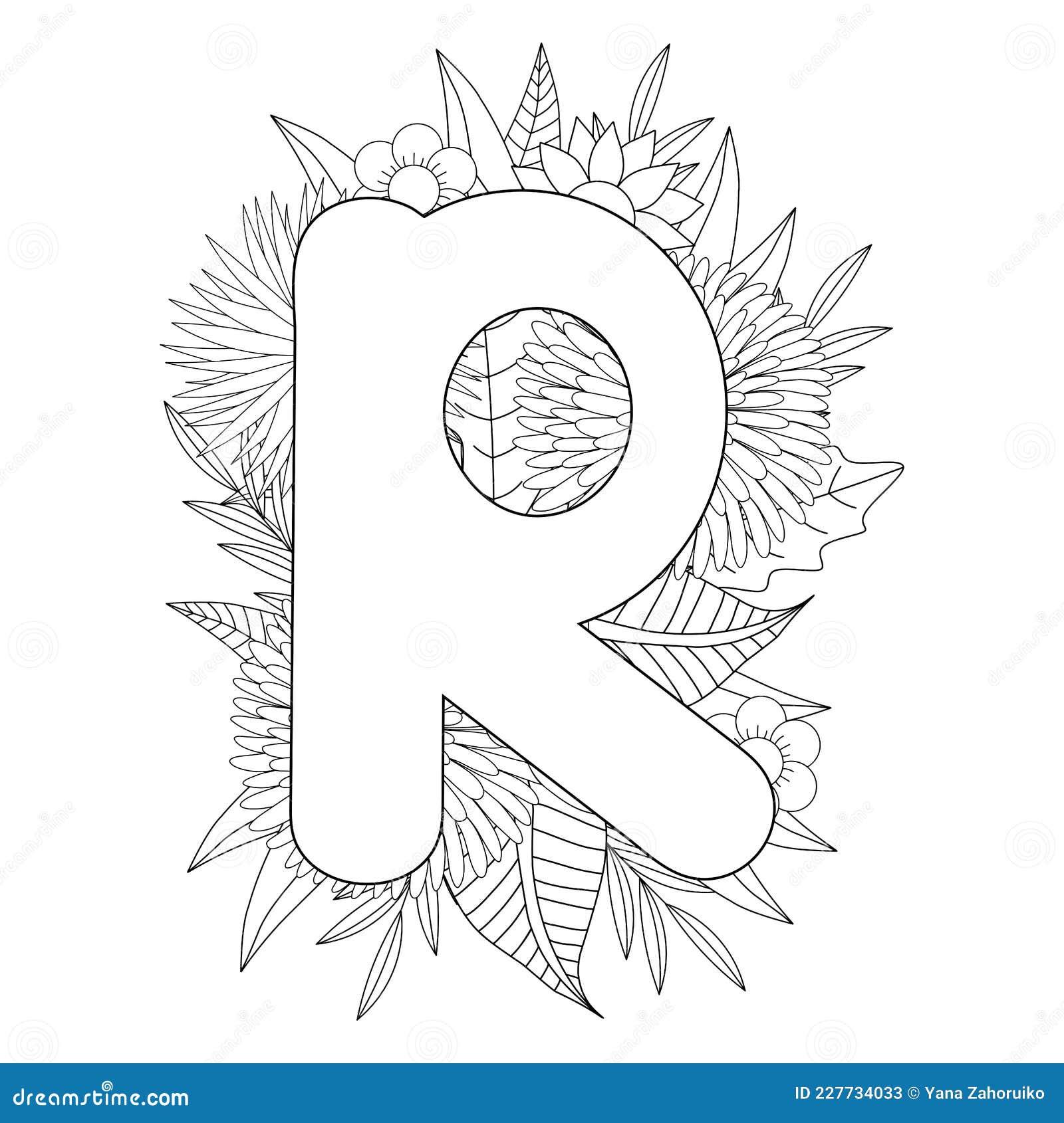 Letter R Coloring Page. Floral Coloring Stock Vector - Illustration of ...
