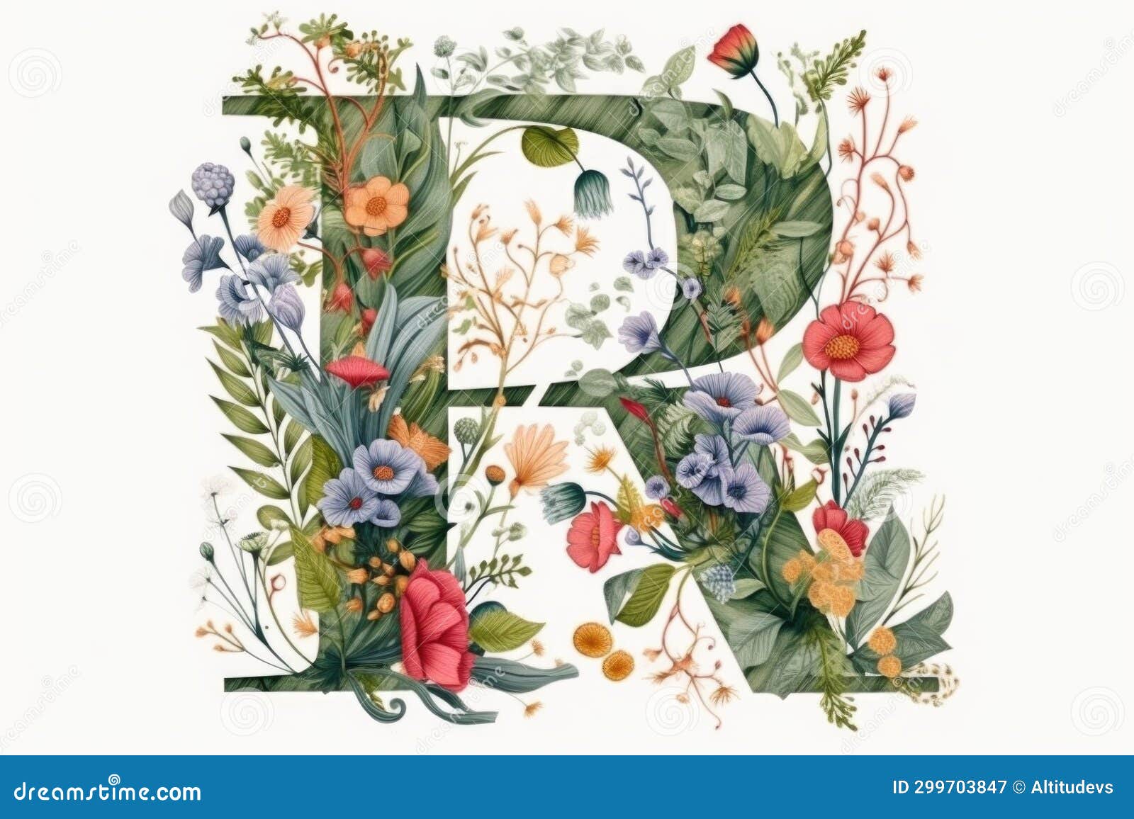 Letter R, Floral and Botanical Style, on White Background Stock Image ...