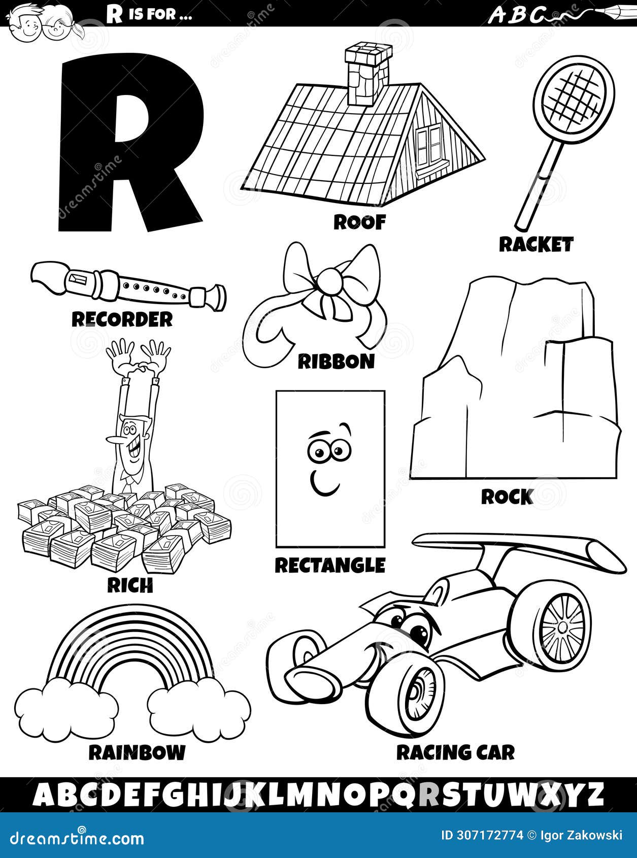 Letter R Set with Cartoon Objects and Characters Coloring Page Stock ...