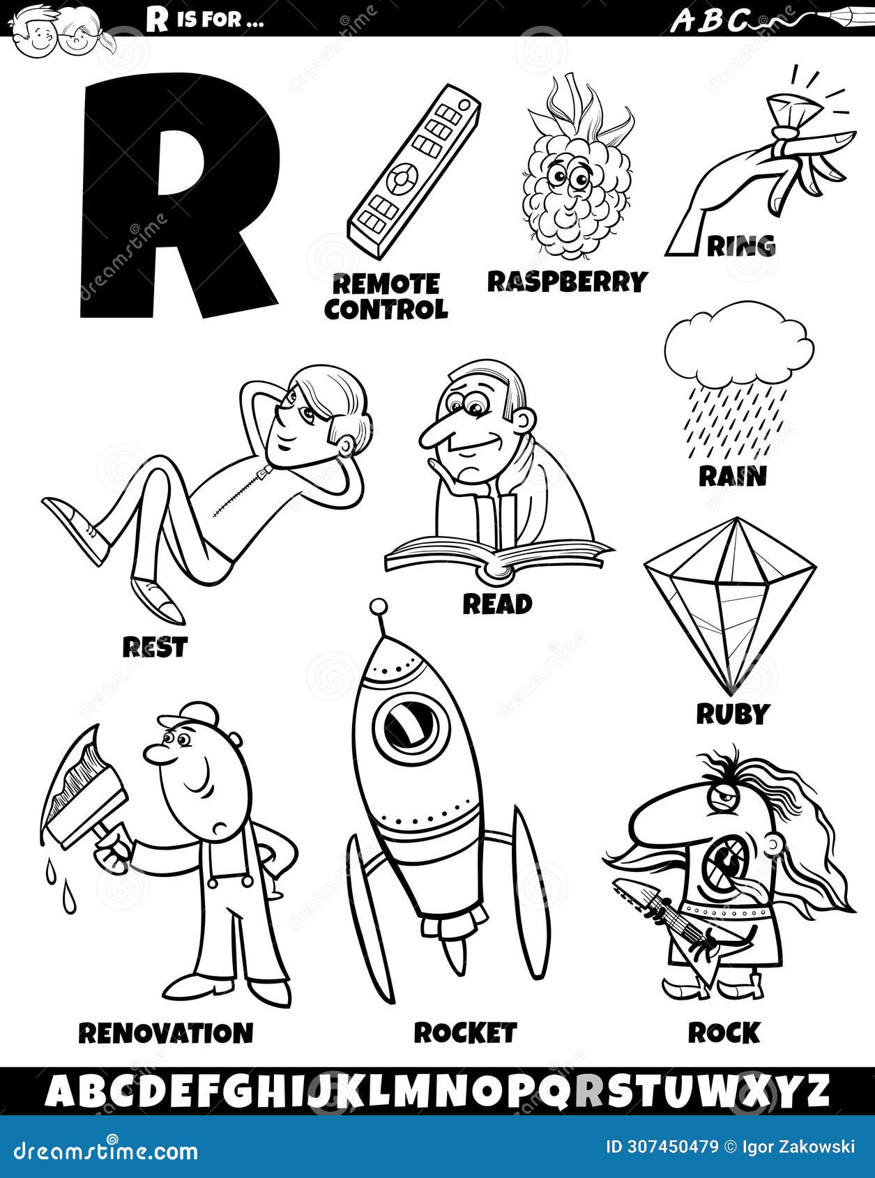 Letter R Set with Cartoon Objects and Characters Coloring Page Stock ...