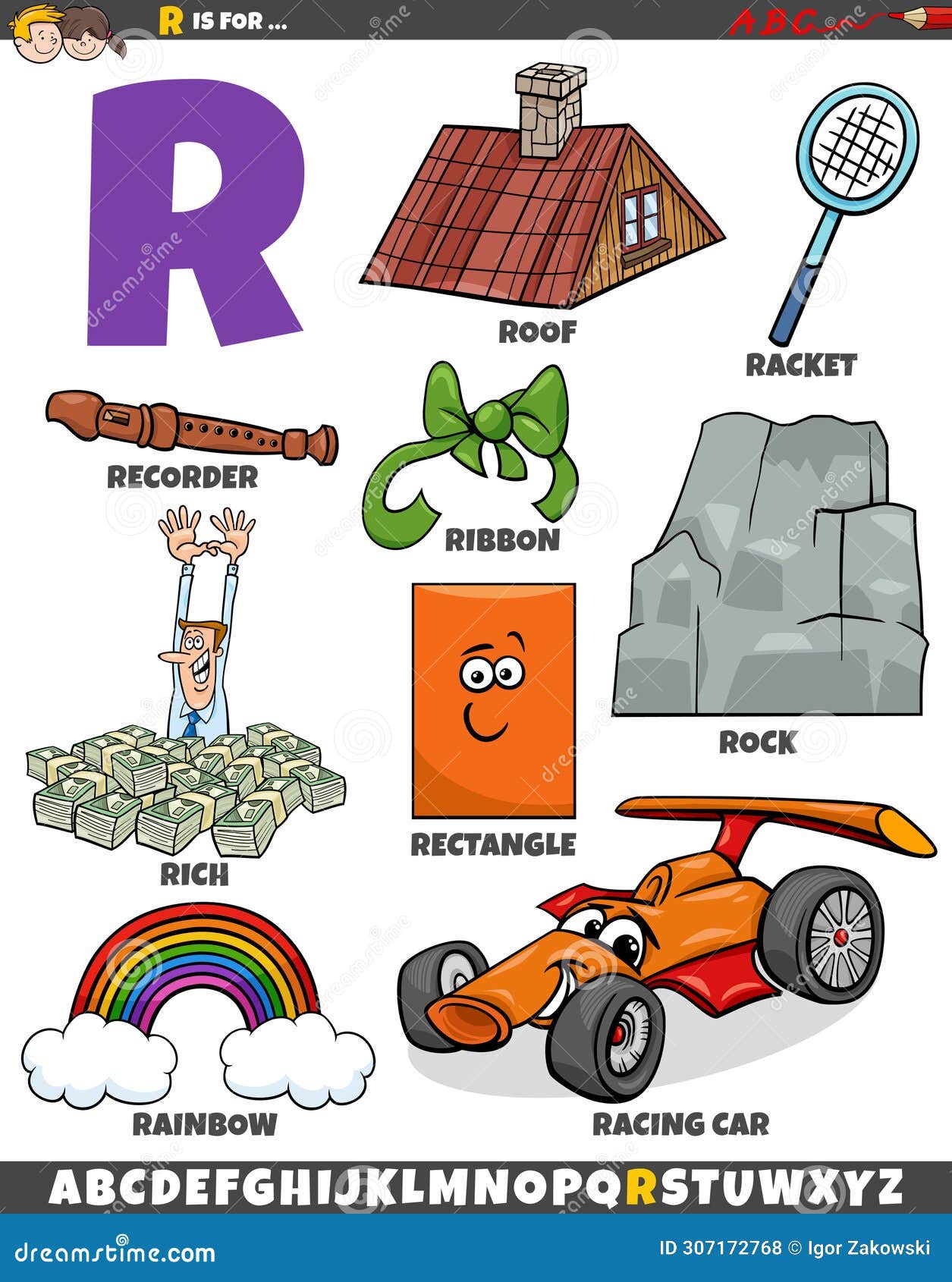 Letter R Set with Cartoon Objects and Characters Stock Vector ...