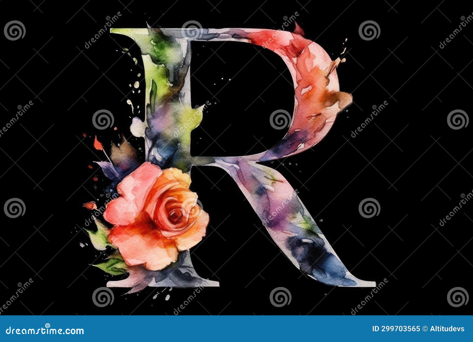 Letter R, Watercolor Style, on Black Background Stock Image - Image of ...