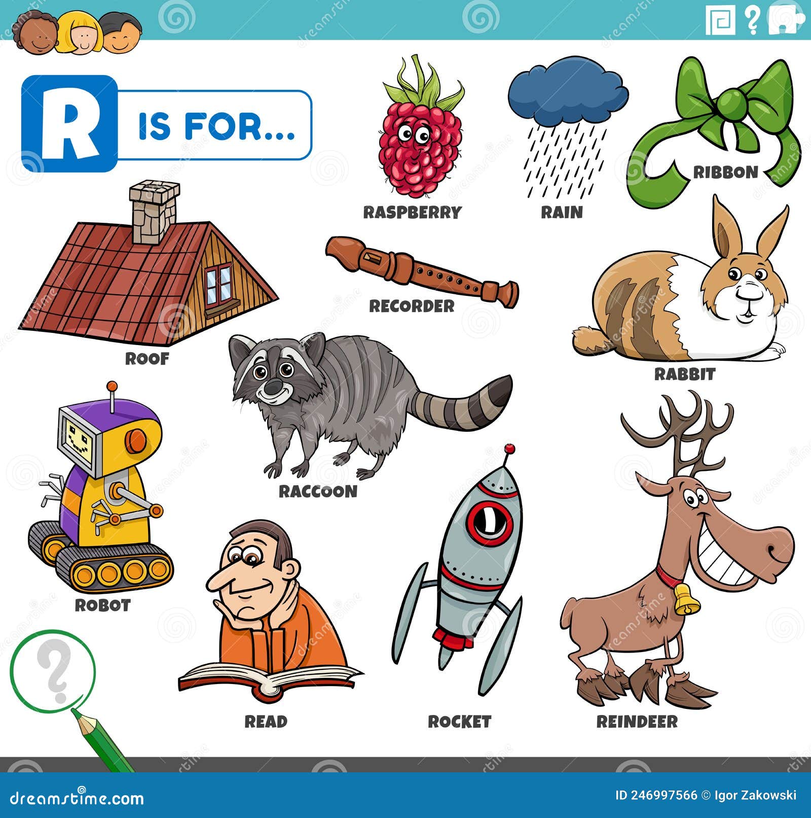 Letter R Words Educational Set with Cartoon Characters Stock Vector ...