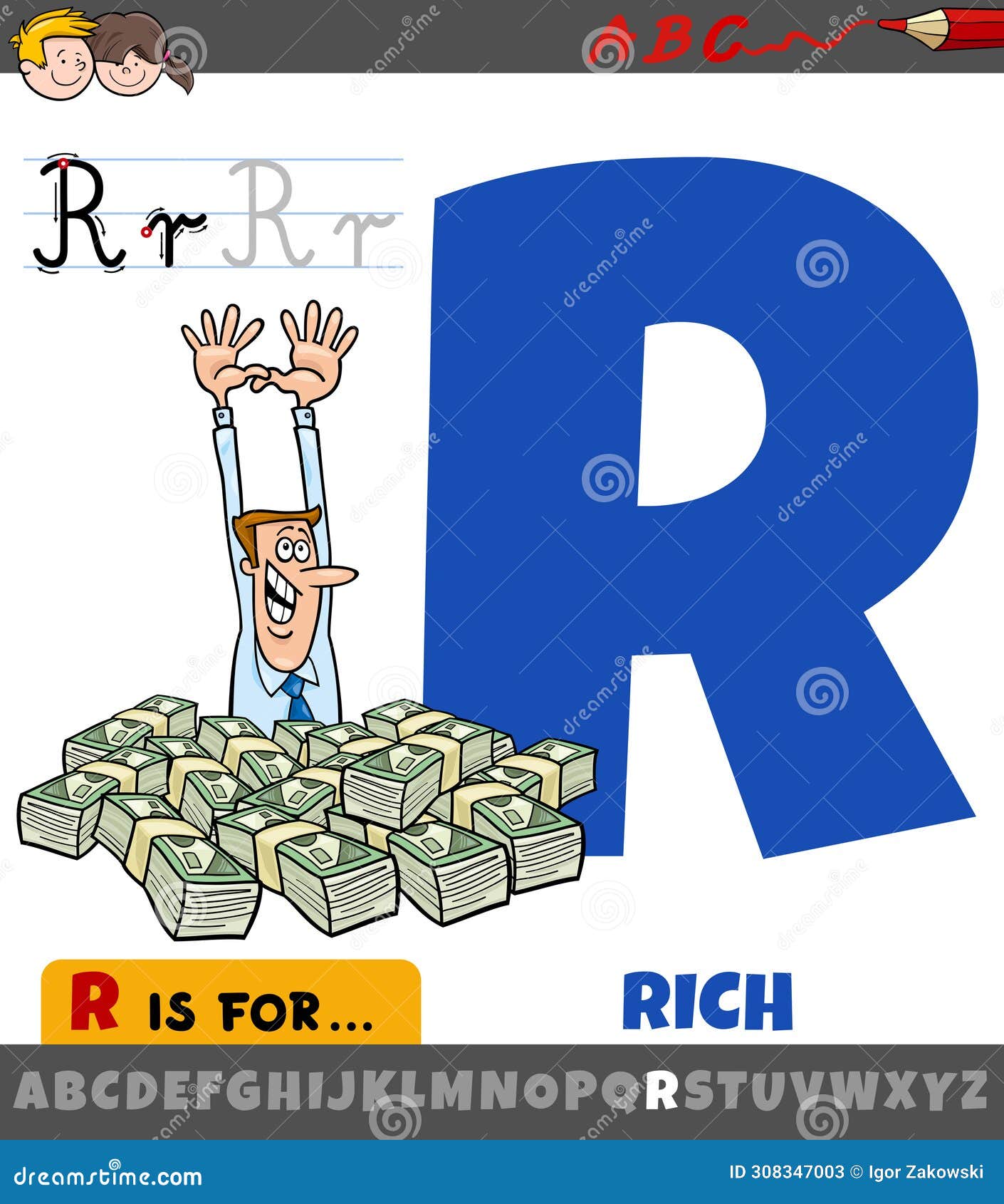 Letter R Worksheet with Cartoon Illustration of Rich Phrase Stock ...