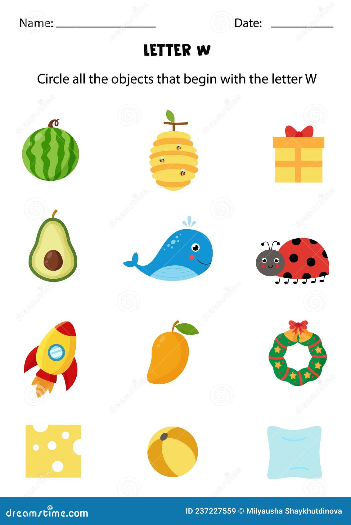 Letter Recognition for Kids. Circle All Objects that Start with W ...