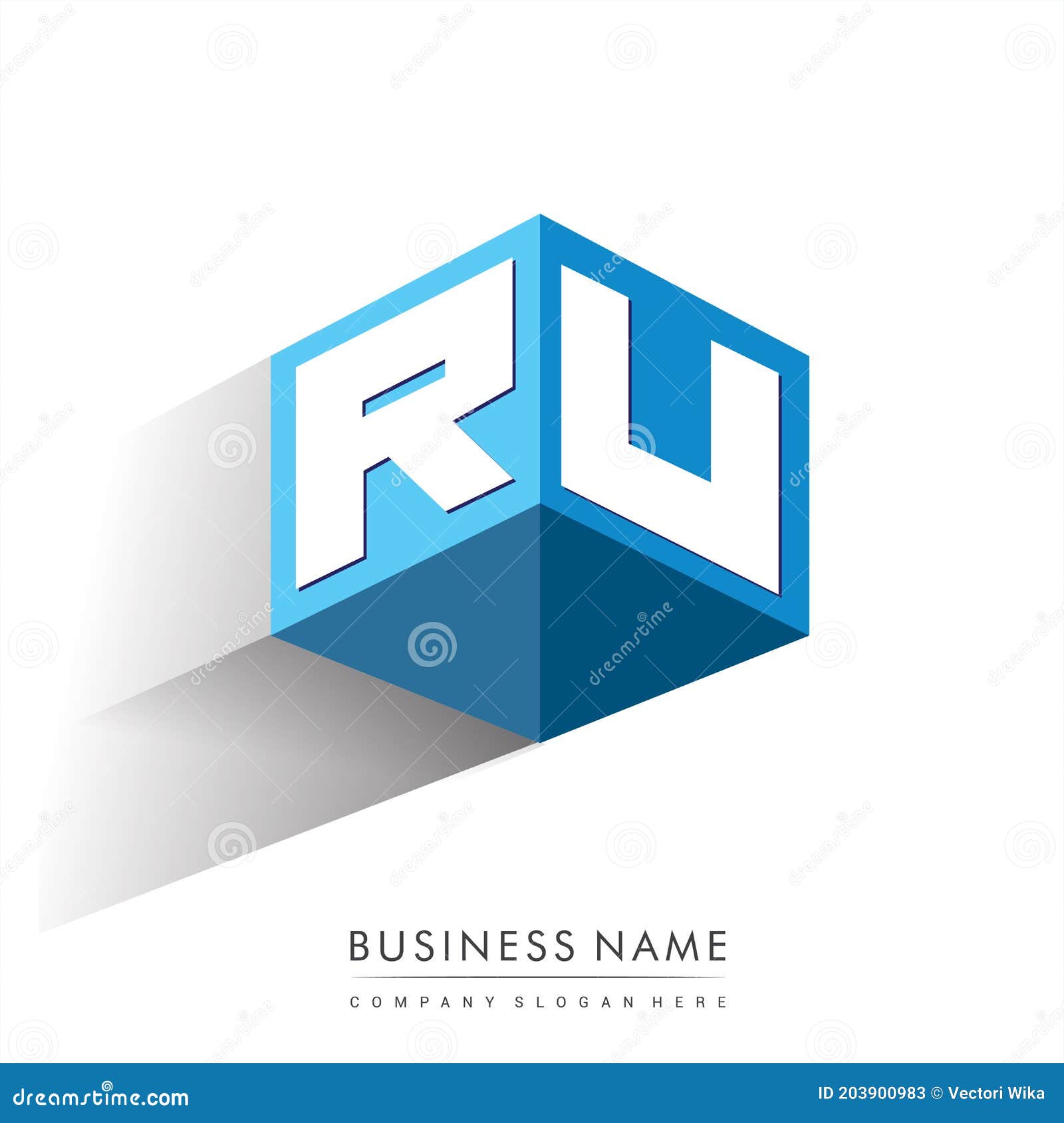 Letter RU Logo in Hexagon Shape and Blue Background, Cube Logo with ...