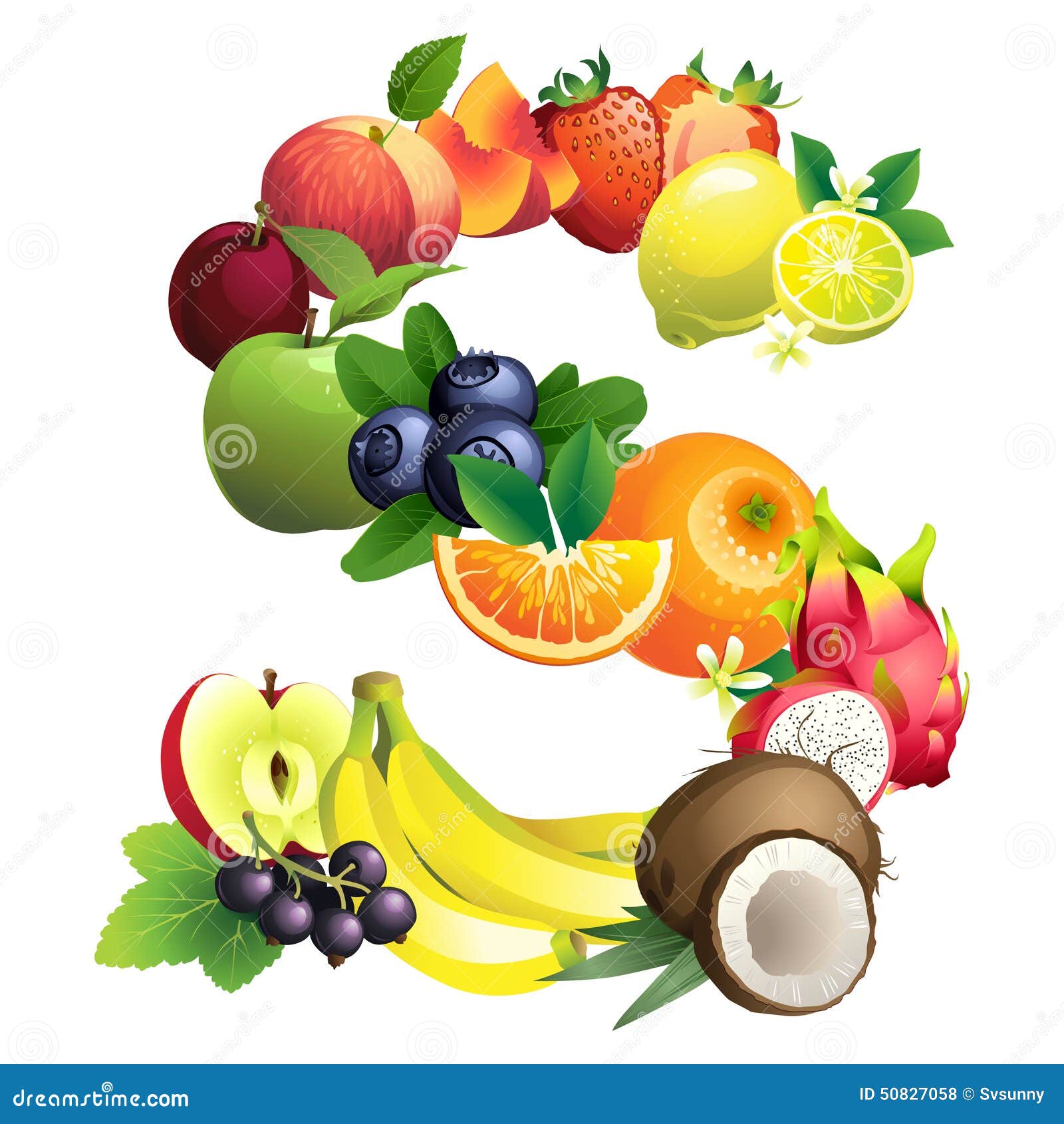 Letter S Composed Of Different Fruits With Leaves Vector Illustration ...