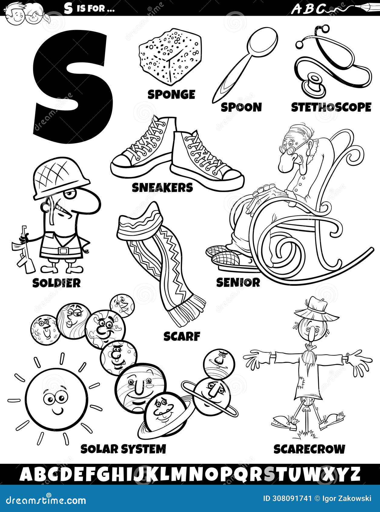 Letter S Set with Cartoon Objects and Characters Coloring Page Stock ...