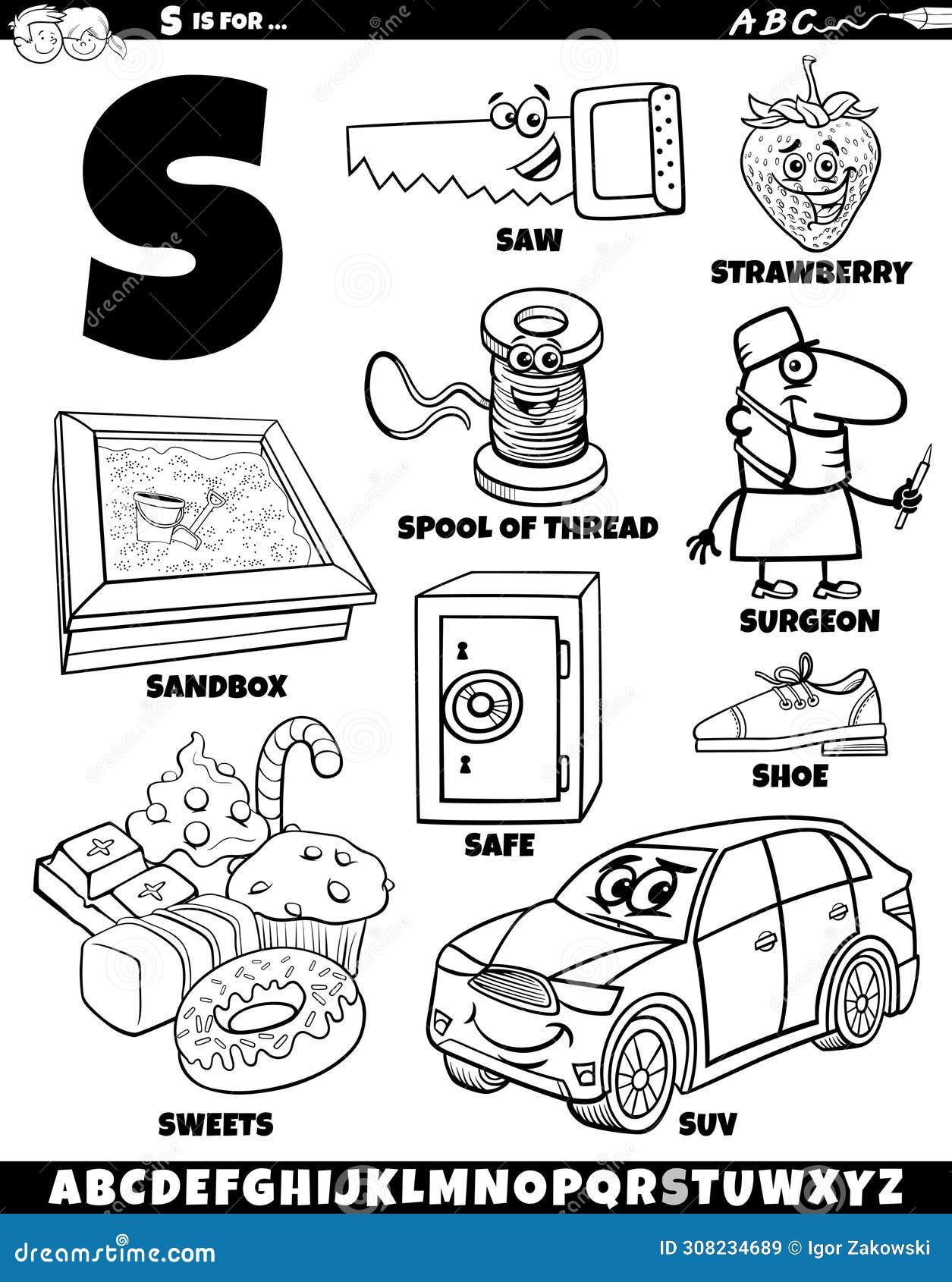 Letter S Set with Cartoon Objects and Characters Coloring Page Stock ...