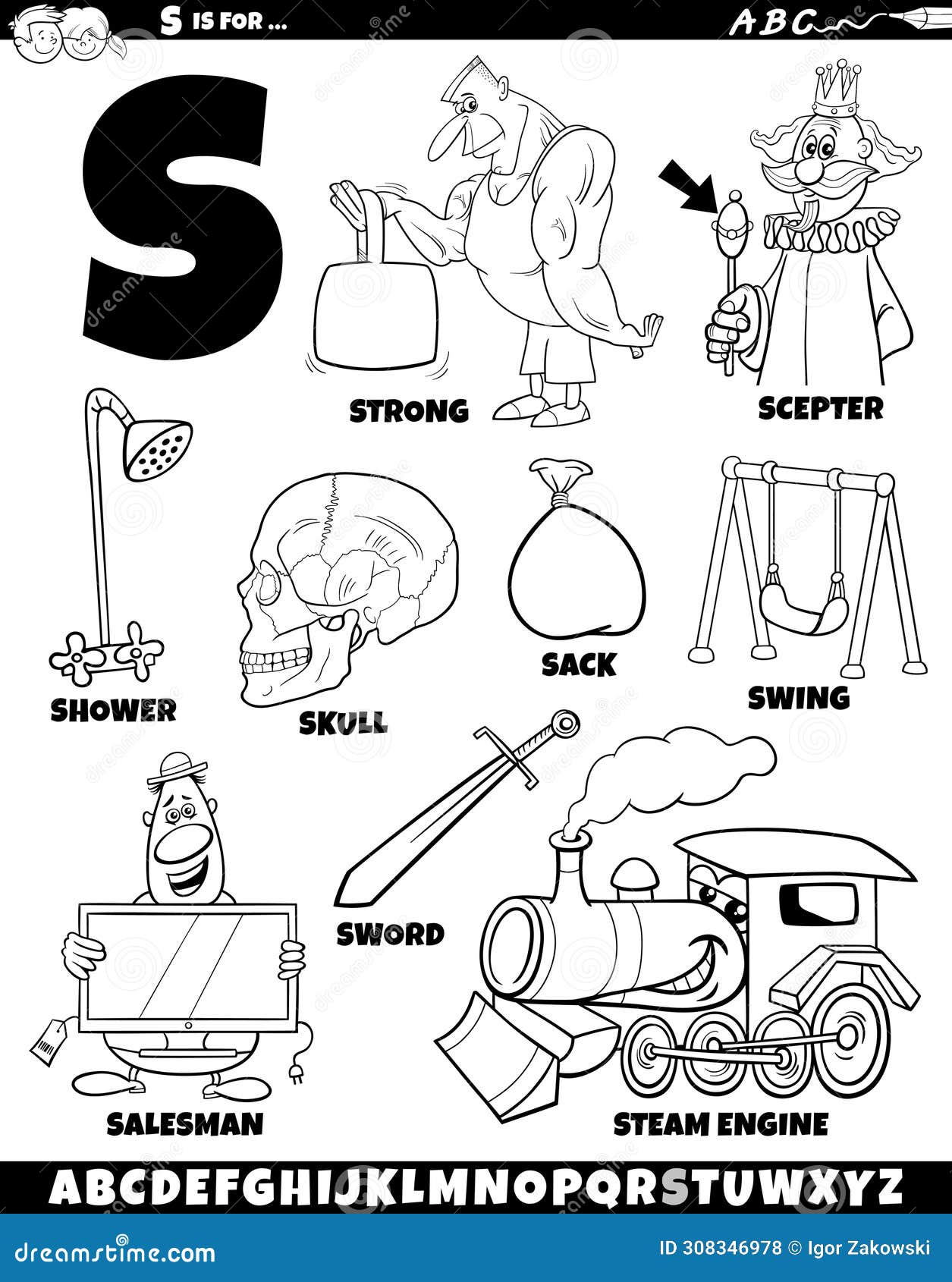 Letter S Set with Cartoon Objects and Characters Coloring Page Stock ...