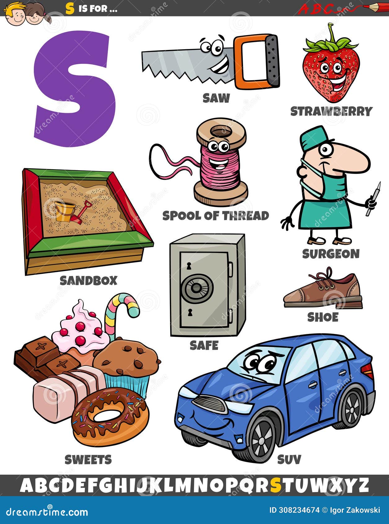 Letter S Set with Cartoon Objects and Characters Stock Vector ...