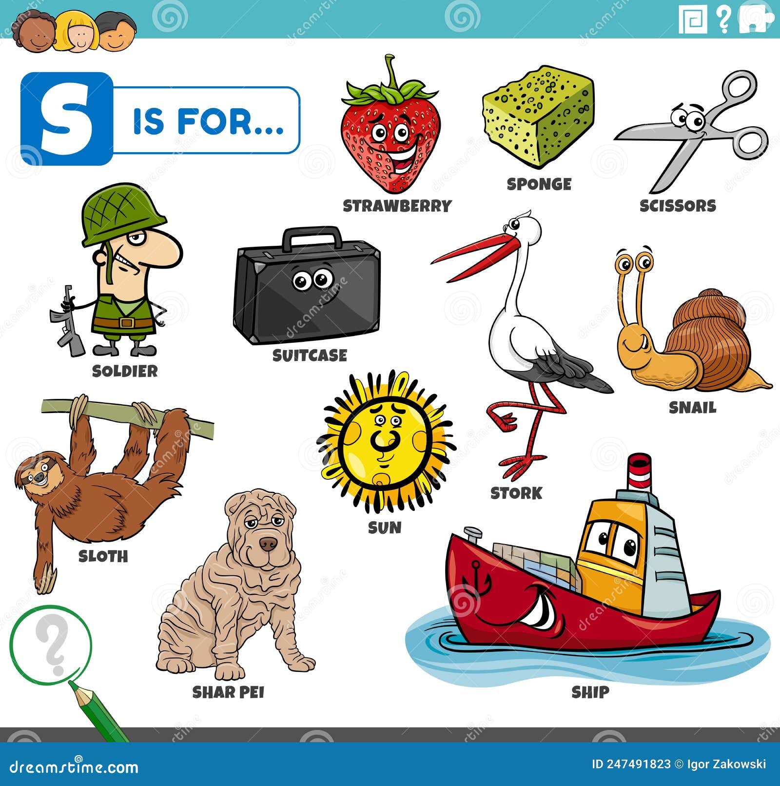 Letter S Words Educational Set with Cartoon Characters Stock Vector ...