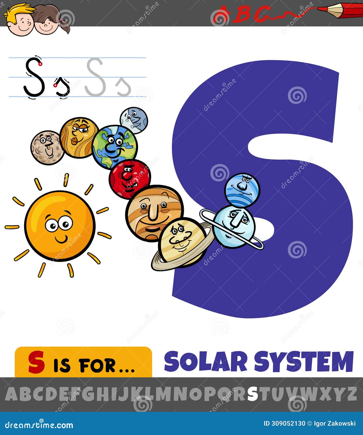 Letter S Worksheet with Cartoon Solar System Stock Vector ...