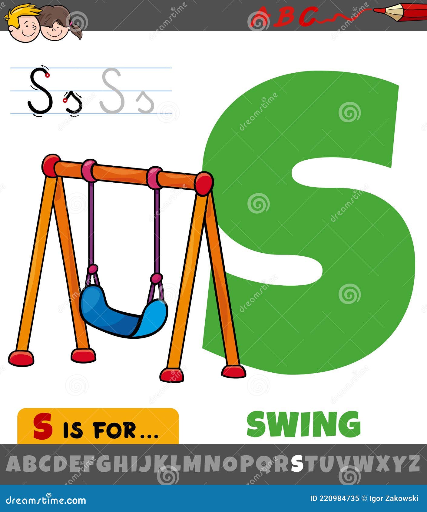 Letter S Worksheet with Cartoon Swing Object Stock Vector ...