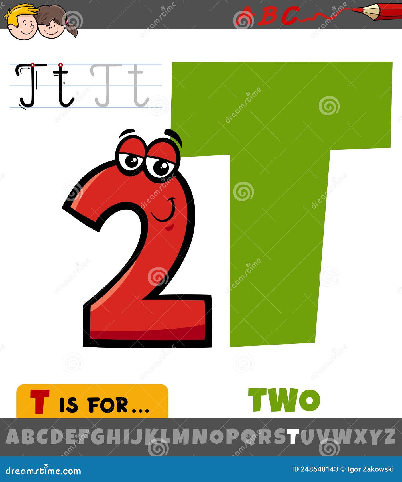 Letter T from Alphabet with Cartoon Number Two Stock Vector ...