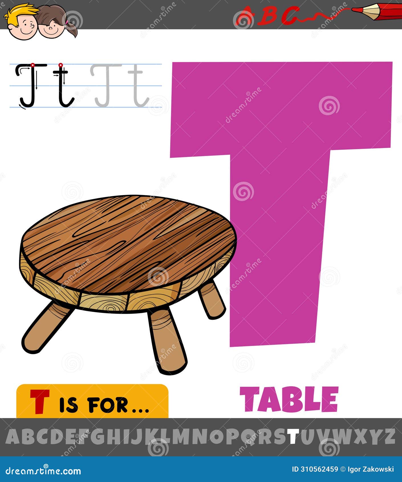 Letter T from Alphabet with Cartoon Table Object Stock Vector ...