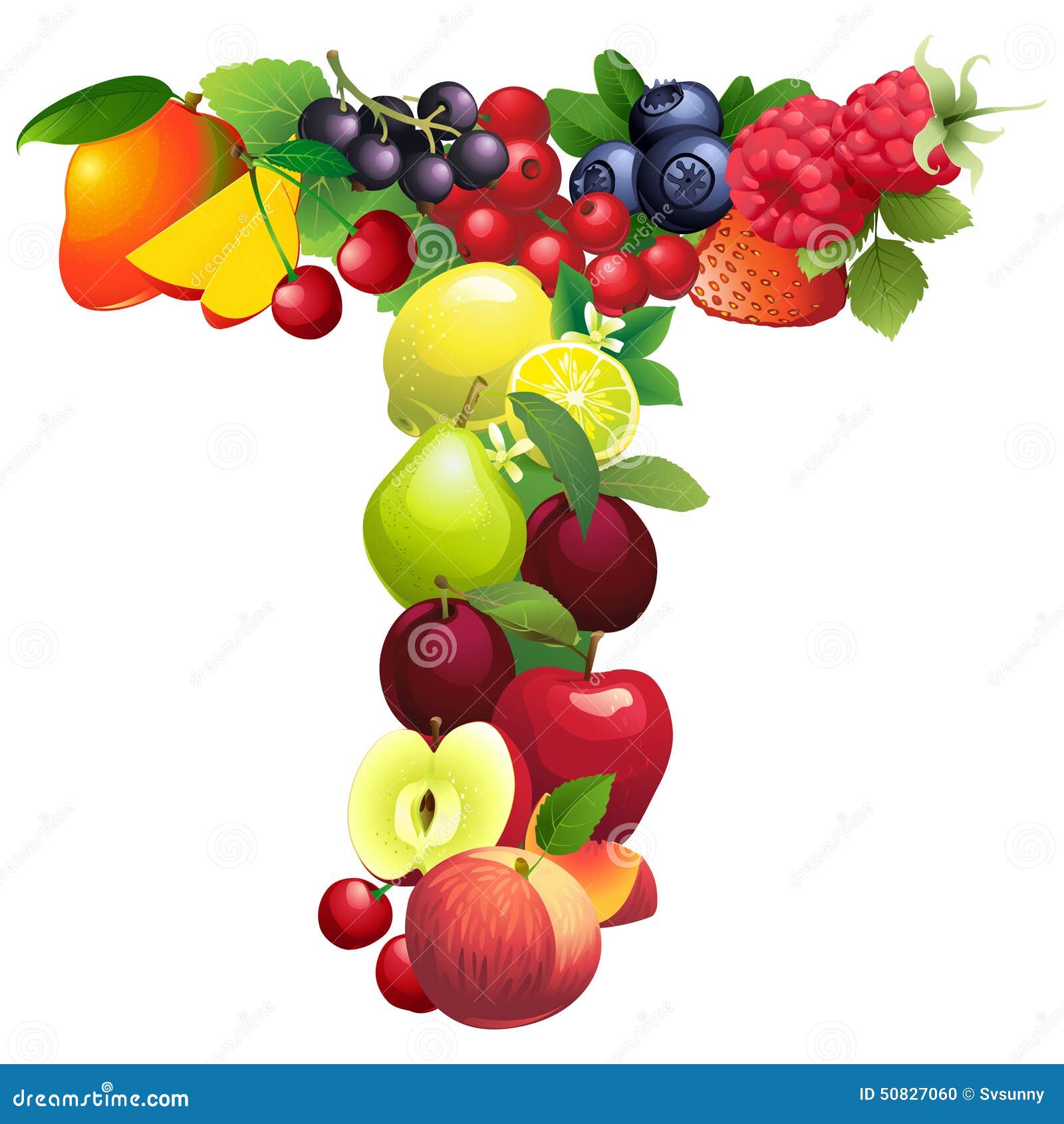 Letter T Composed of Different Fruits with Leaves Stock Vector ...